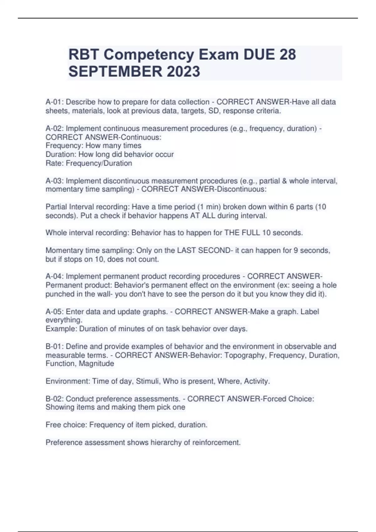 RBT Competency Exam DUE 28 SEPTEMBER 2023 - Rbt - Stuvia US