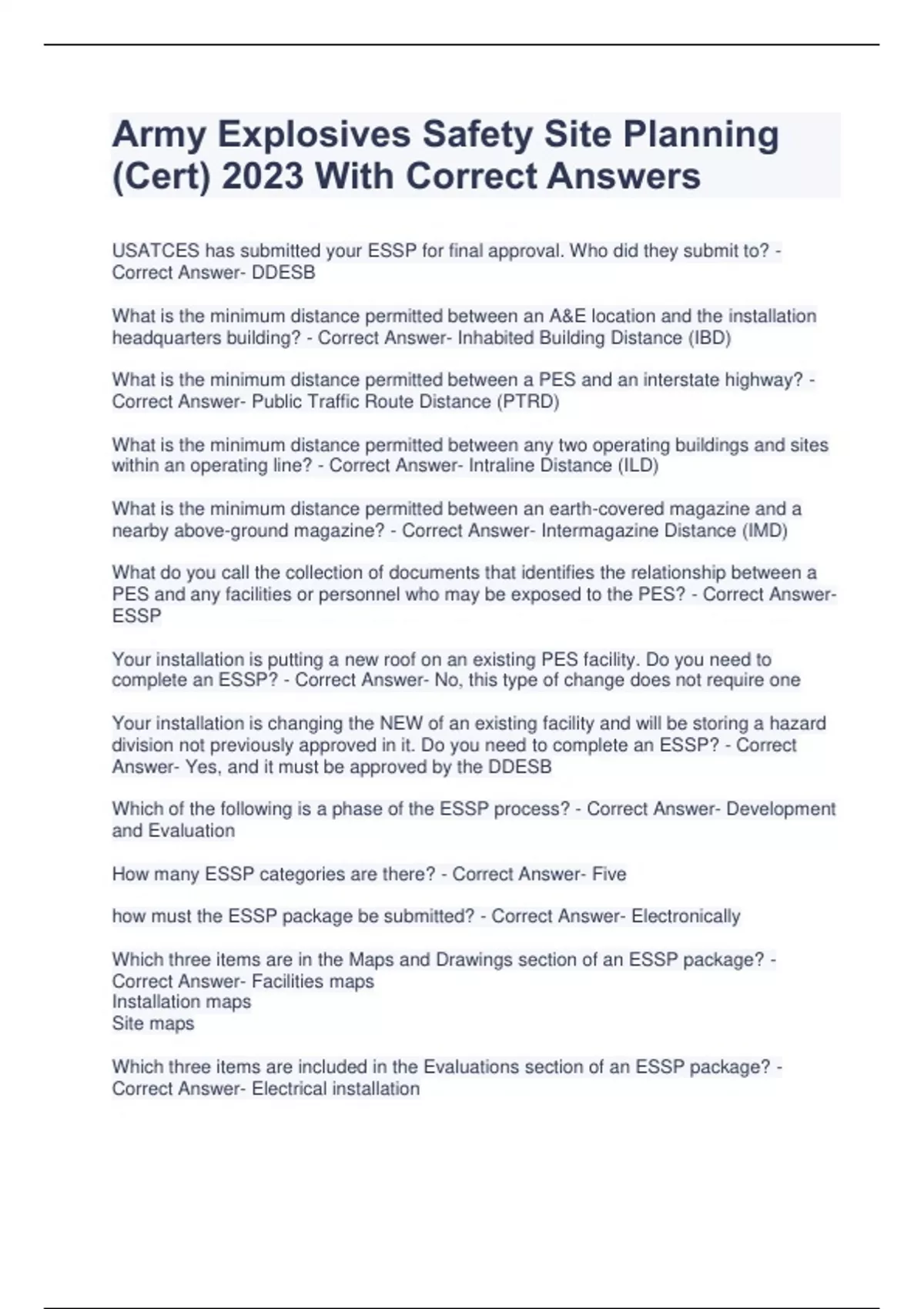 Army Explosives Safety Site Planning (Cert) 2023 With Correct Answers ...