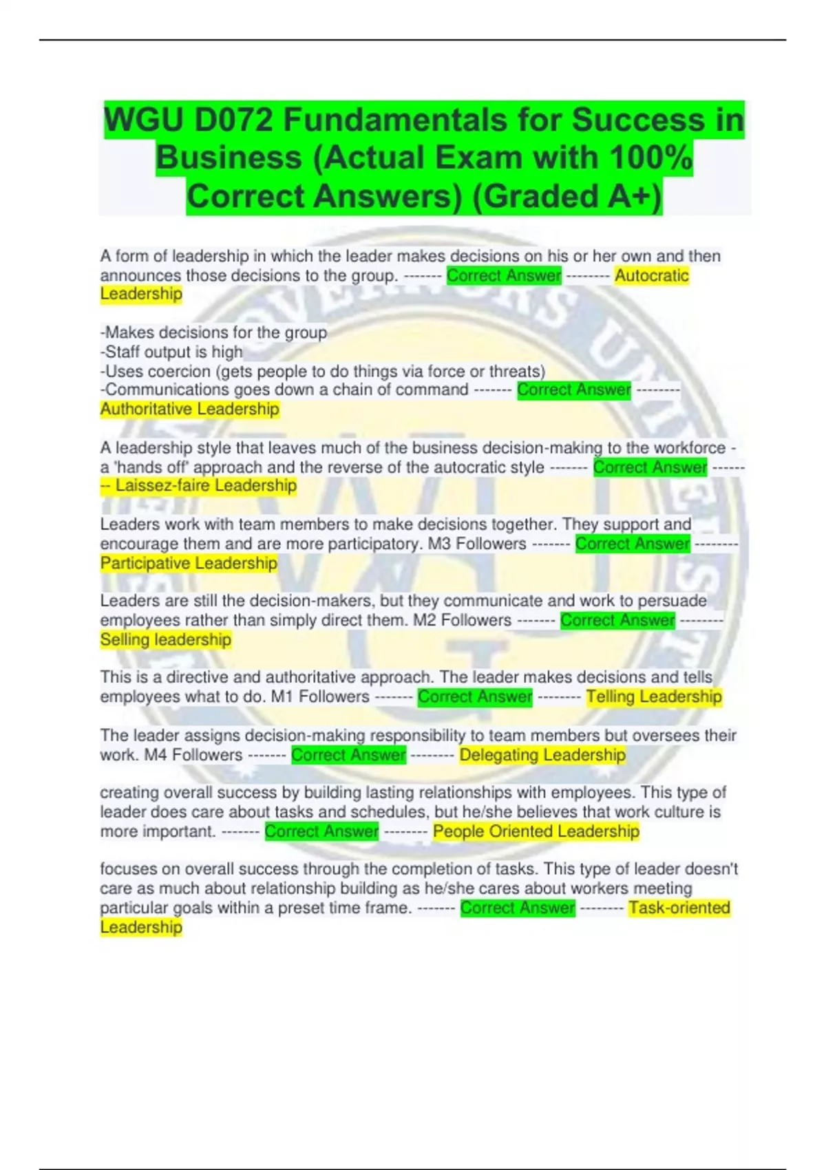 WGU D072 Fundamental for Success in Business (Actual Exam) VERIFIED ...