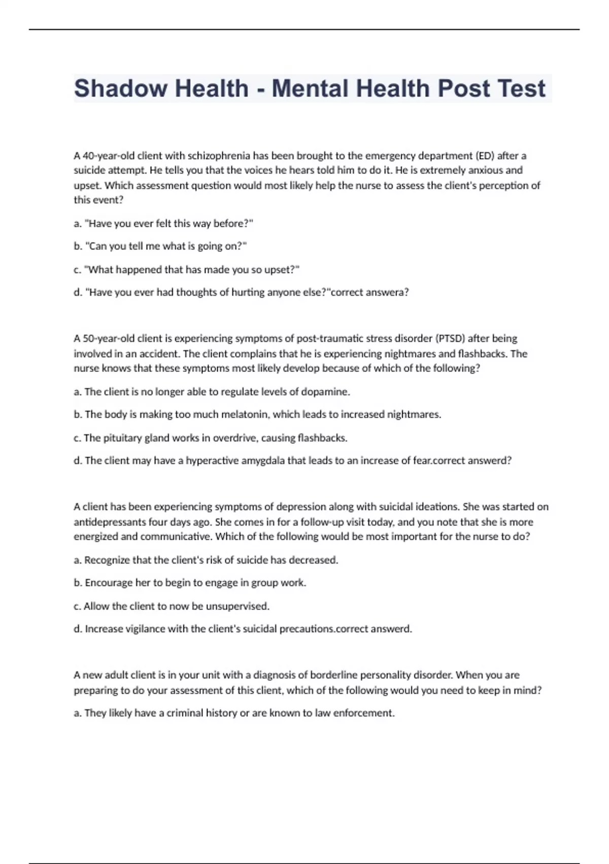 Shadow Health - Mental Health Post Test questions with correct answers ...