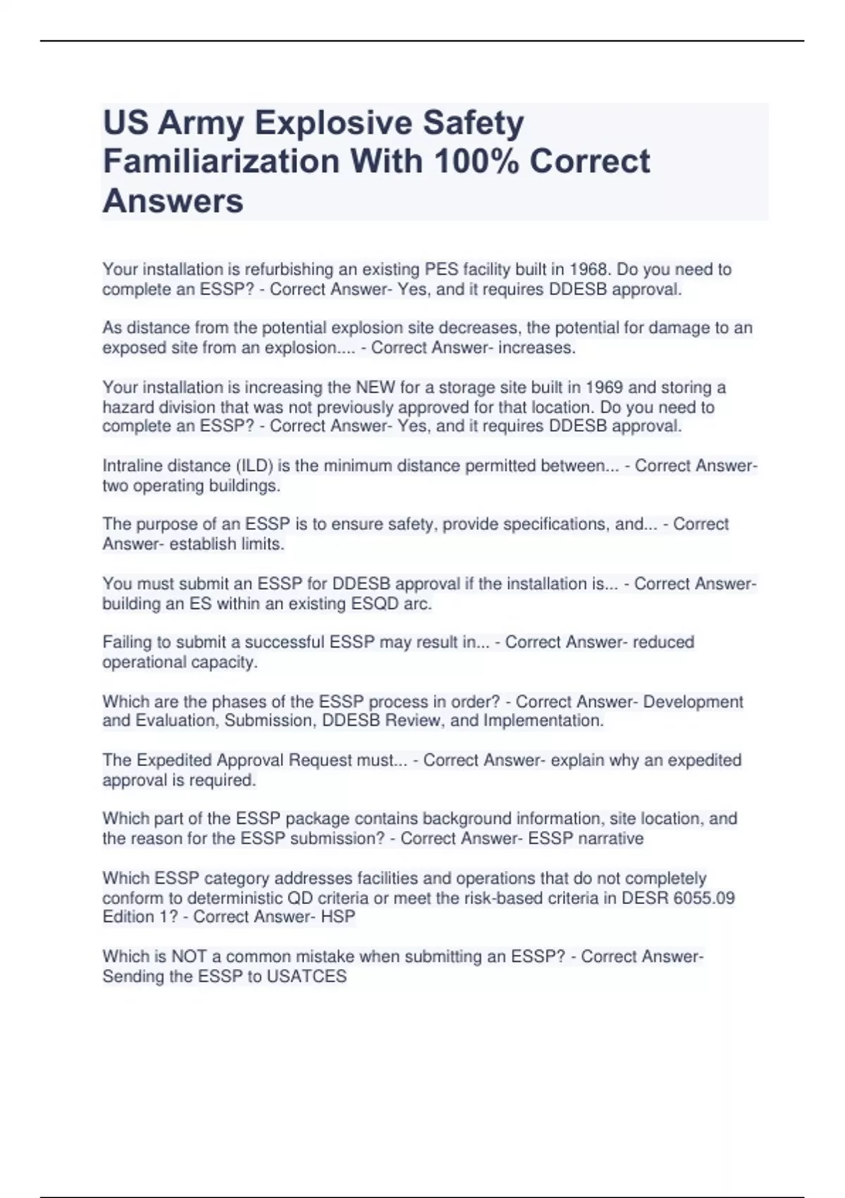 US Army Explosive Safety Familiarization With 100% Correct Answers - US ...