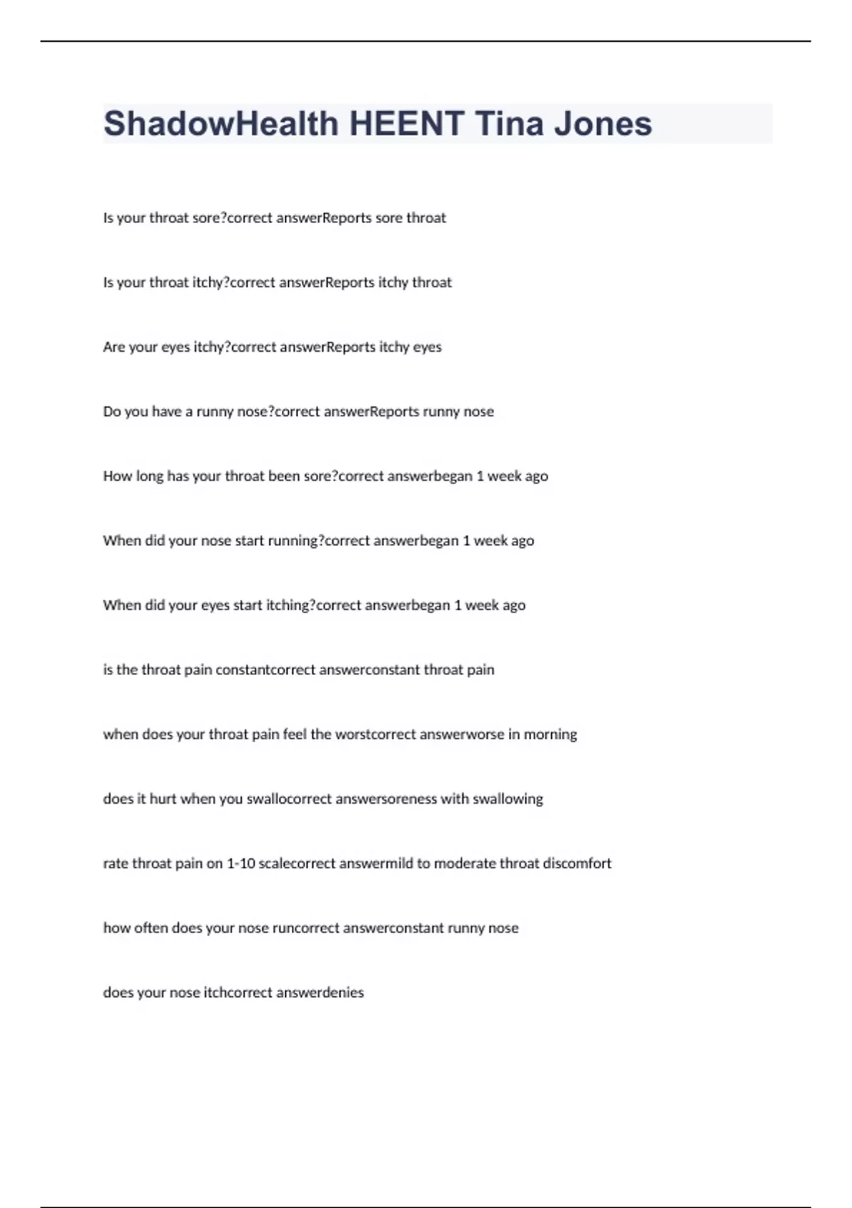 Shadow Health HEENT Tina Jones exam with correct answers - Shadow ...
