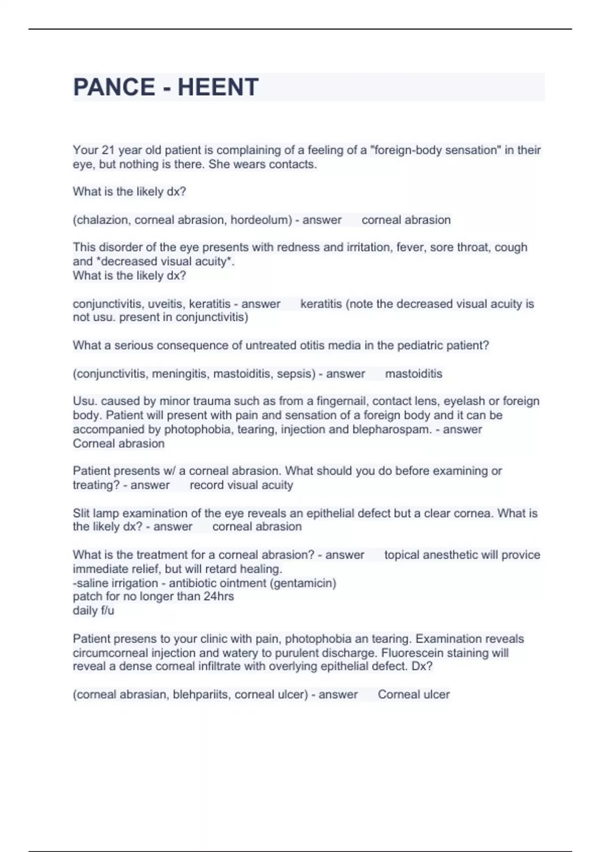 PANCE Questions with correct Answers 2023 - HEENT - Stuvia US