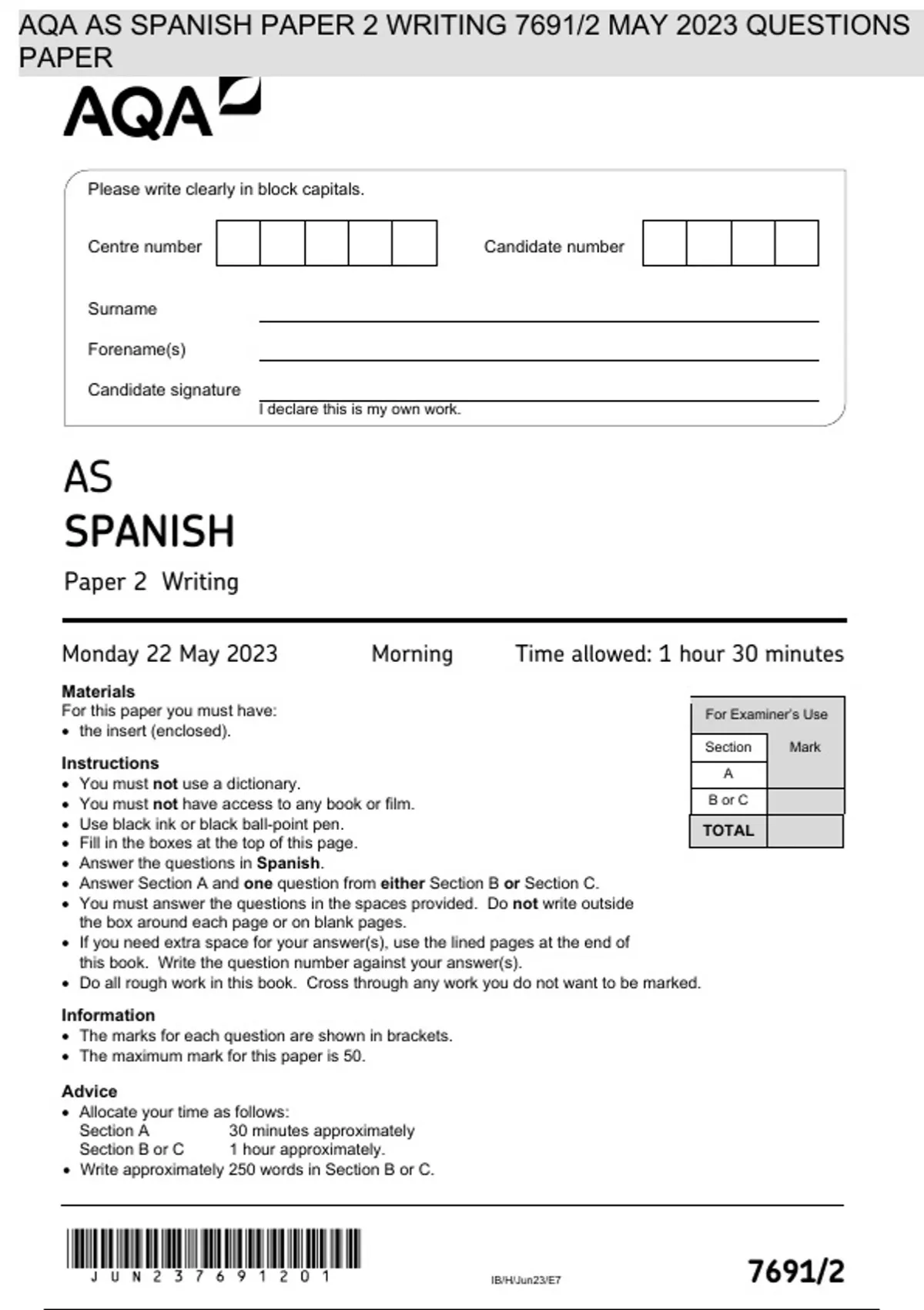 AQA AS SPANISH PAPER 2 WRITING 7691/2 MAY 2023 QUESTIONS PAPER - AQA AS ...
