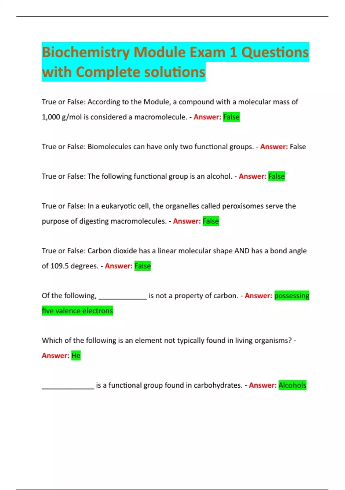 Biochemistry Module Exam 1 Questions with Complete solutions ...