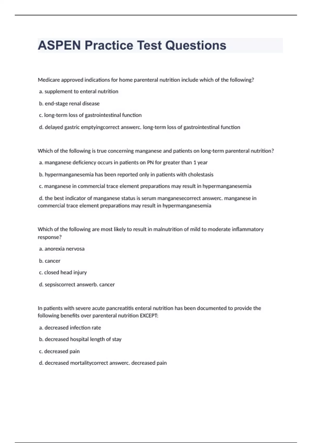 ASPEN Practice Test Questions with correct answers - ASPEN - Stuvia US