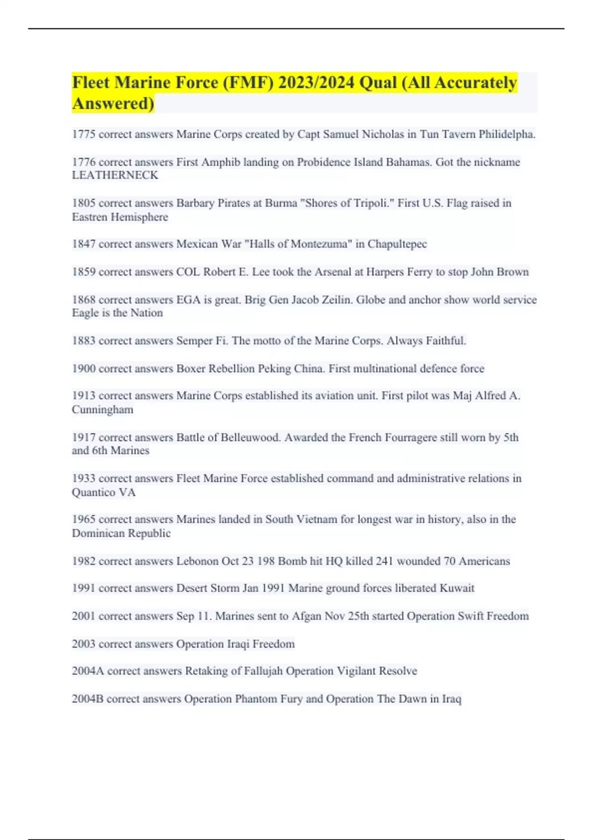 Fleet Marine Force (FMF) 2023/2024 Qual (All Accurately Answered ...