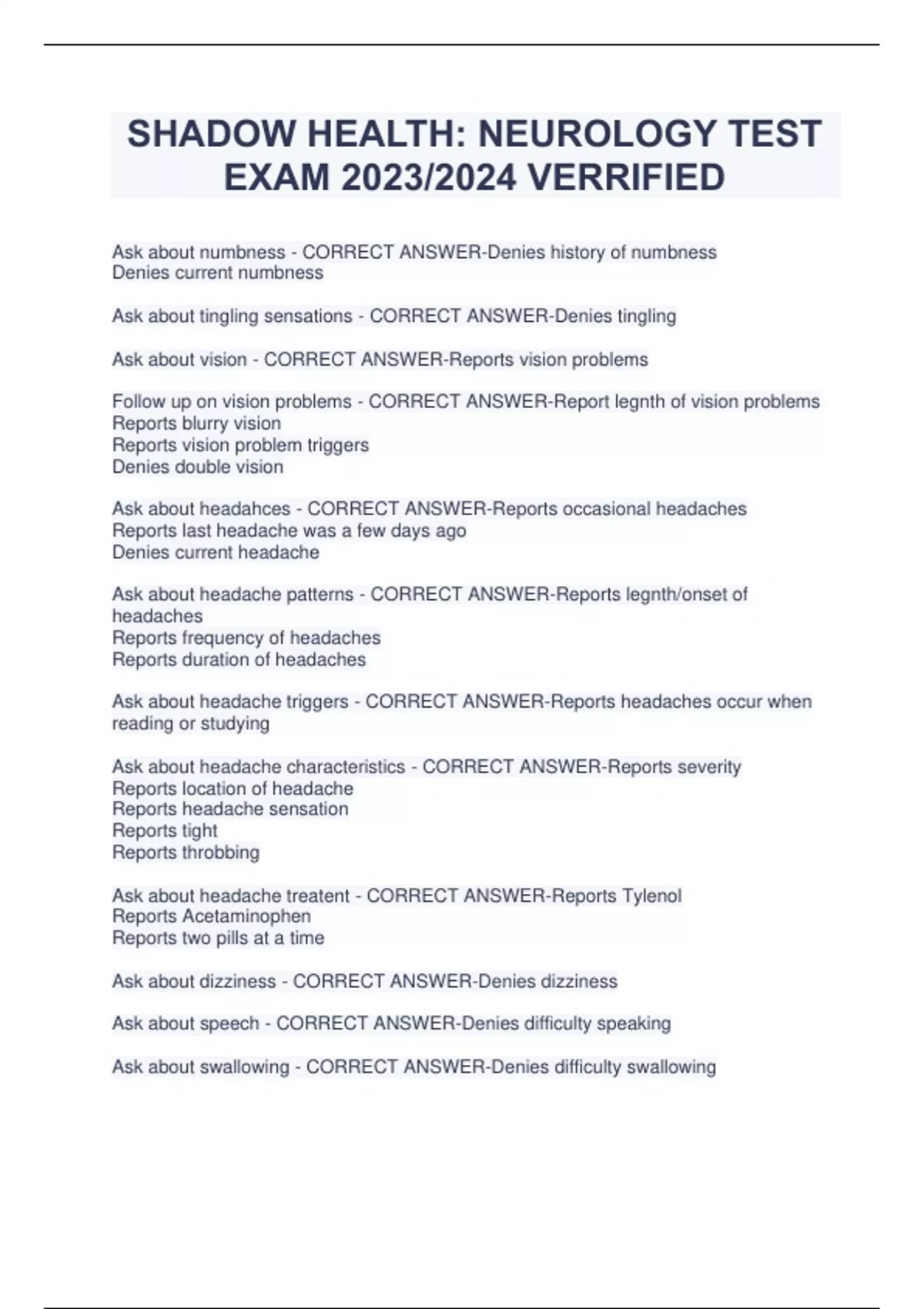 SHADOW HEALTH: NEUROLOGY TEST EXAM 2023/2024 VERRIFIED - SHADOW HEALTH ...