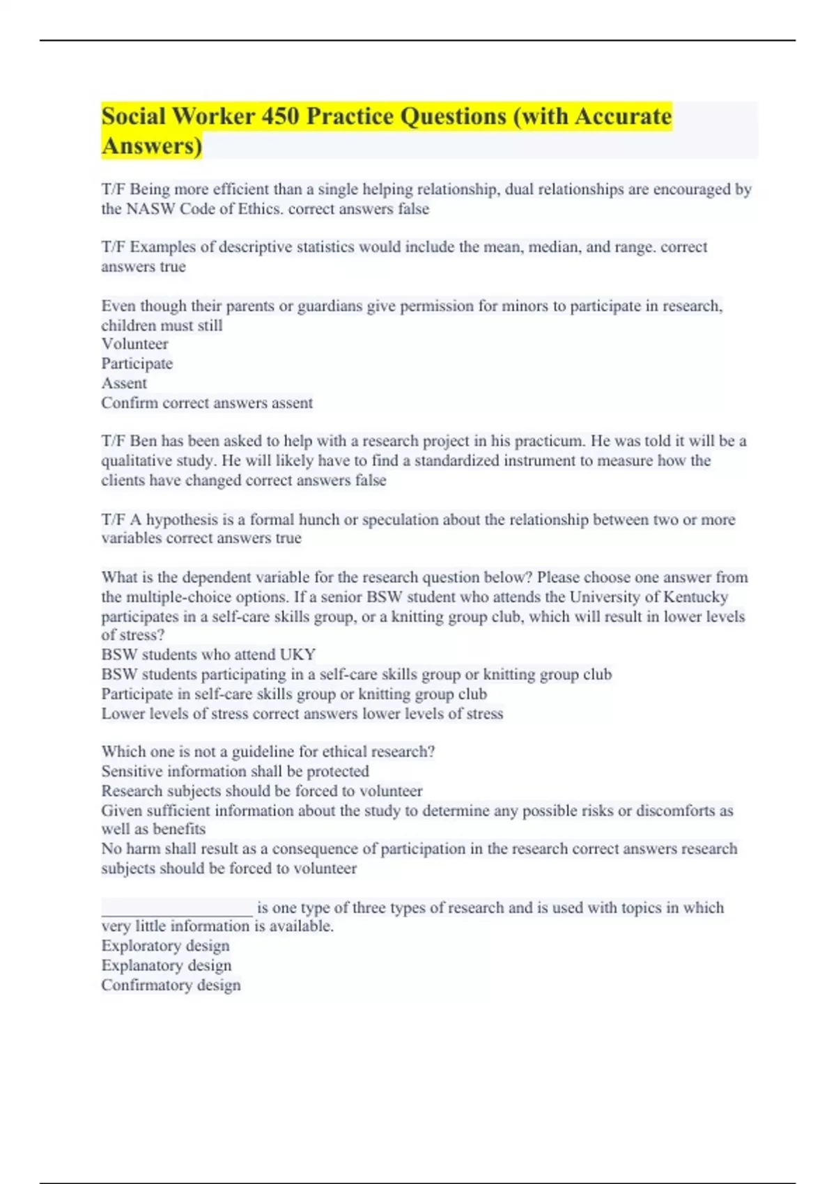 Social Worker 450 Practice Questions (with Accurate Answers) - SW 450 ...
