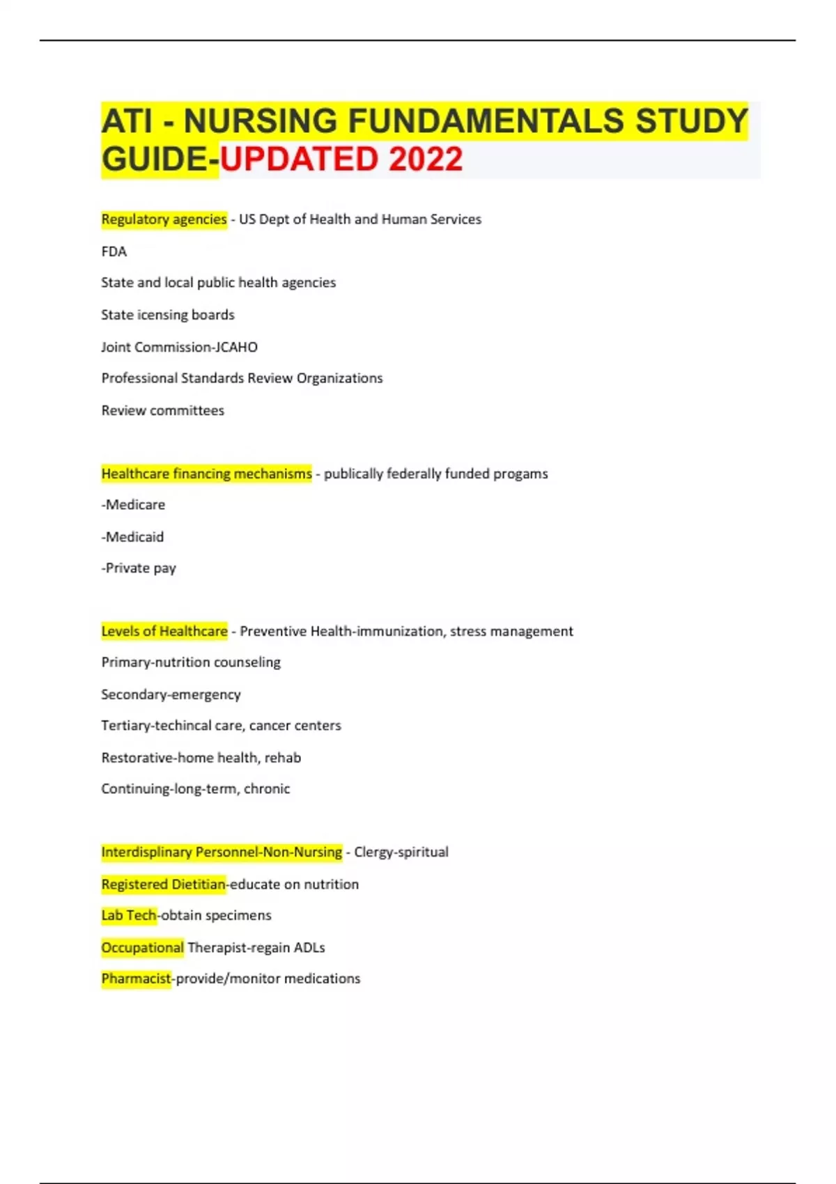 ATI -NURSING FUNDAMENTALSSTUDY GUIDE-UPDATED2022 Regulatory agencies-US ...