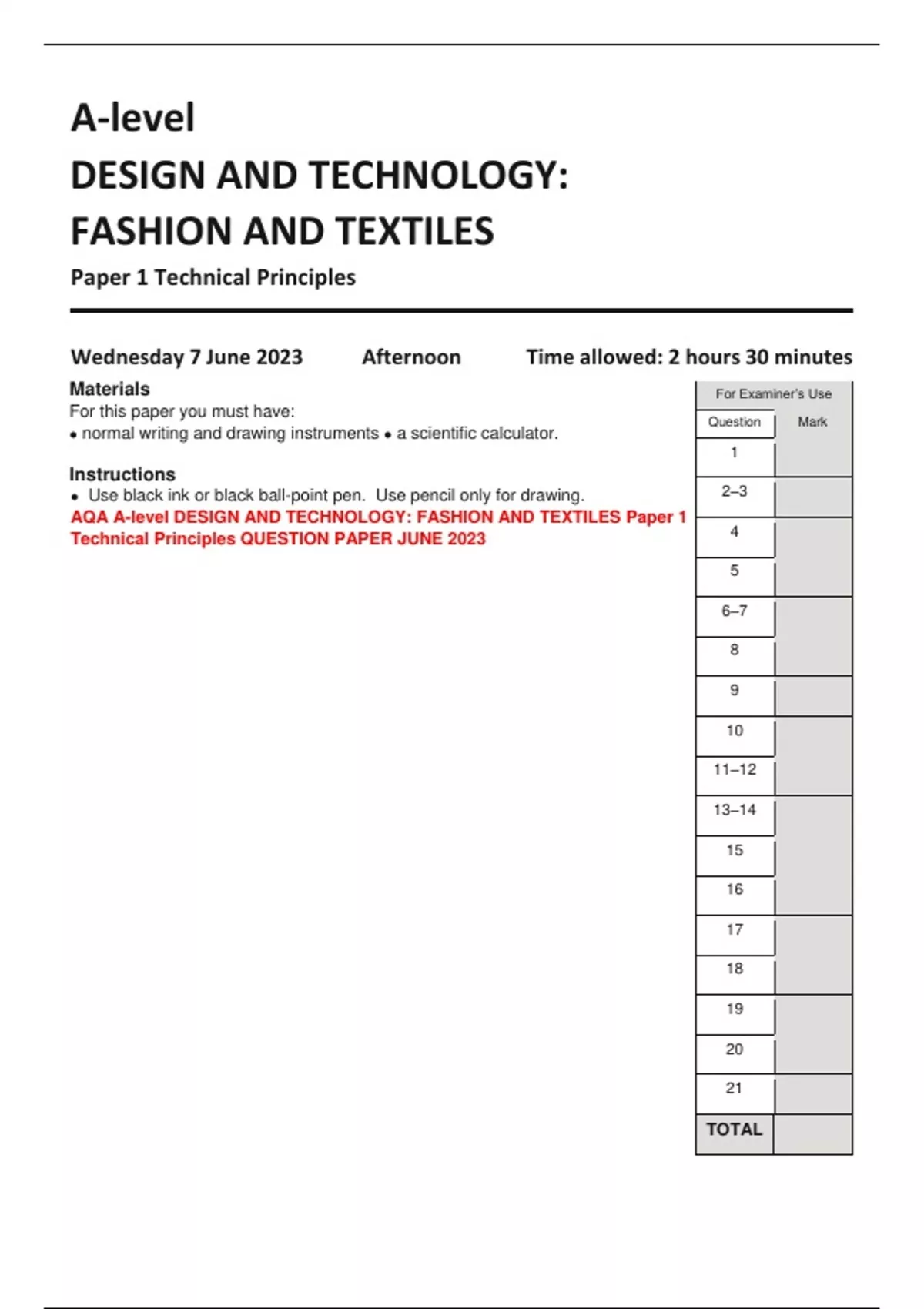 AQA A-level DESIGN AND TECHNOLOGY: FASHION AND TEXTILES 7562/1 Paper 1 ...