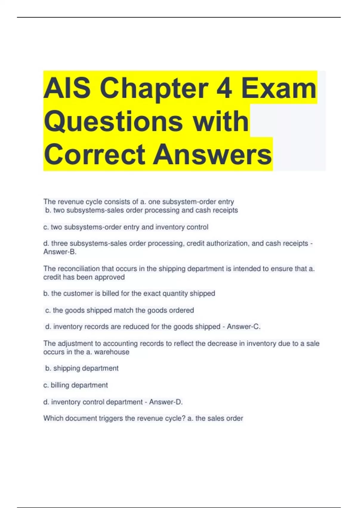AIS Chapter 4 Exam Questions with Correct Answers - AIS - Stuvia US