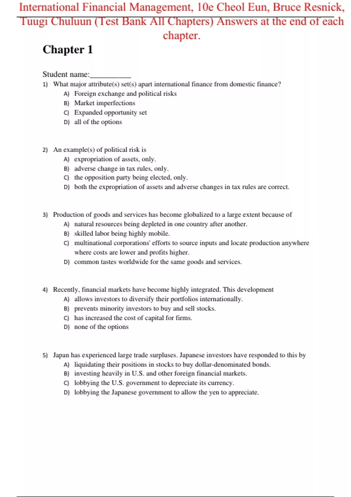 Test Bank For International Financial Management 10th Edition By Cheol ...