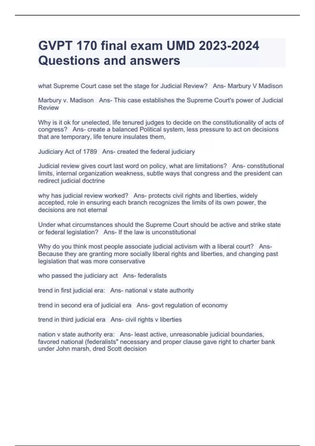 GVPT 170 final exam UMD Questions and answers - GVPT 200 - Stuvia US