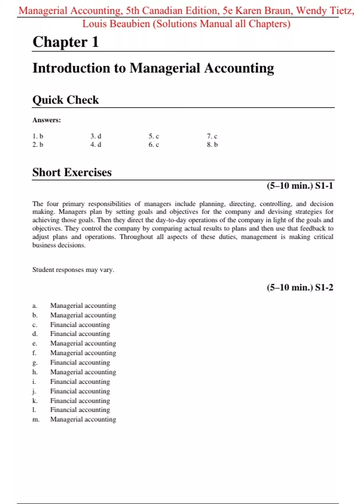 Managerial Accounting 5th Canadian Edition By Karen Braun, Wendy Tietz ...