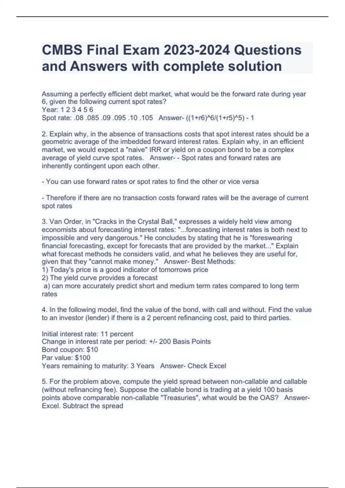 CMBS Final Exam Questions and Answers with complete solution - CMBS - Stuvia US