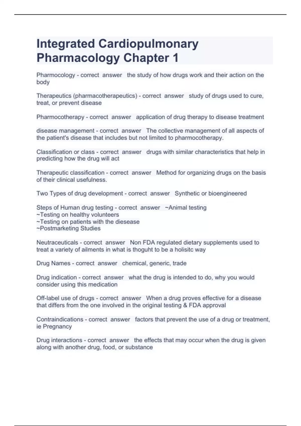 Integrated Cardiopulmonary Pharmacology Chapter 1 Question and answers ...