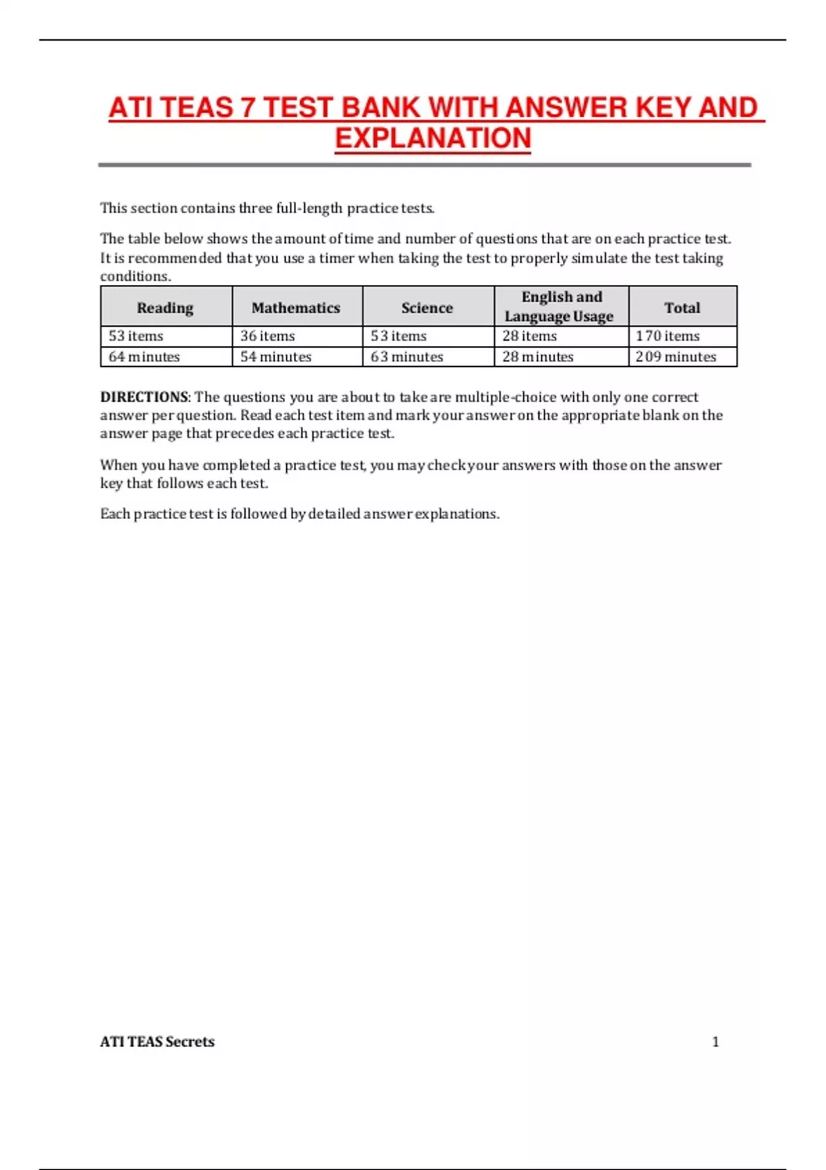 ATI TEAS 7 TEST BANK WITH ANSWER KEY AND EXPLANATION - ATI TEAS - Stuvia US
