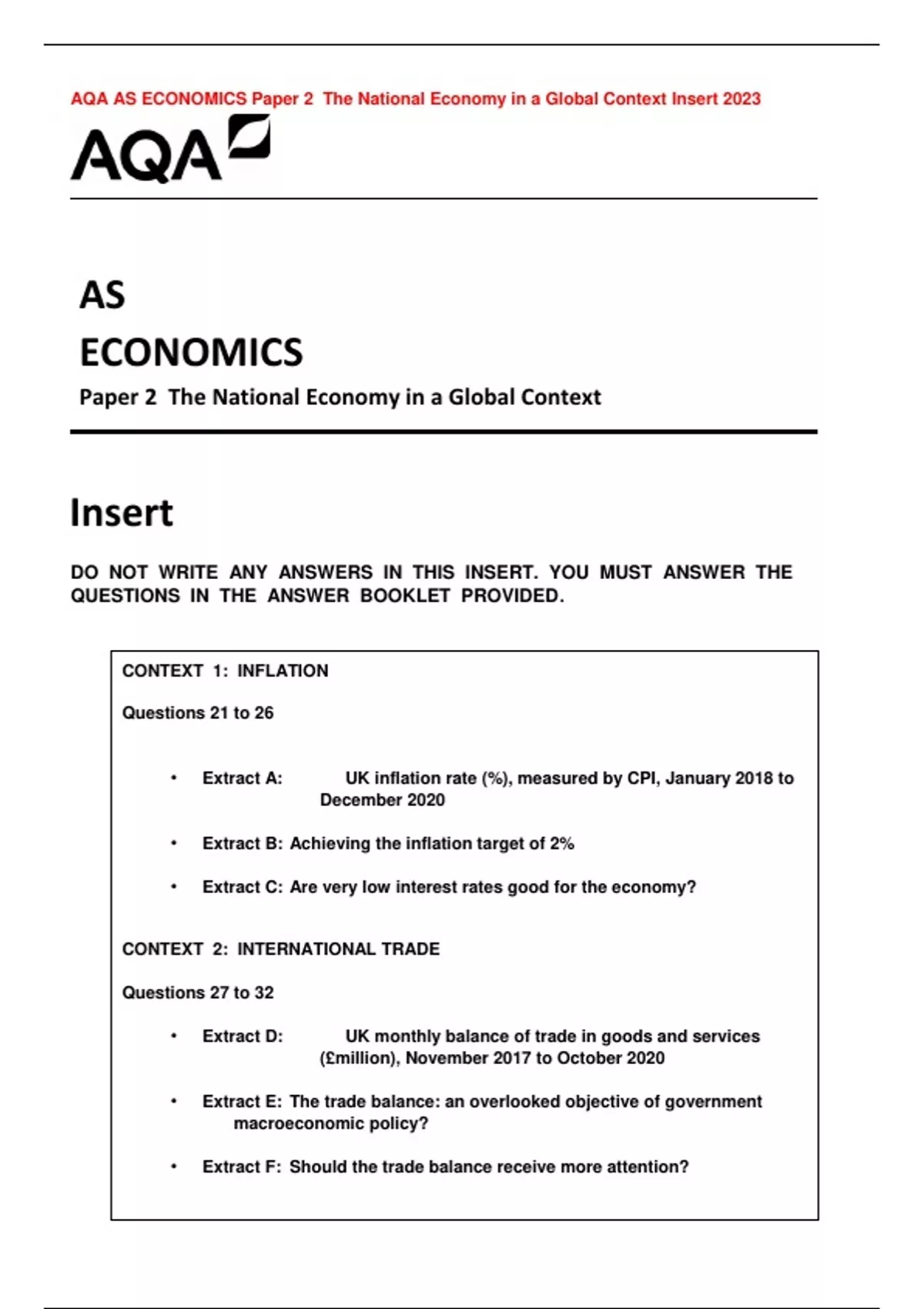 AQA AS ECONOMICS Paper 2 The National Economy in a Global Context ...