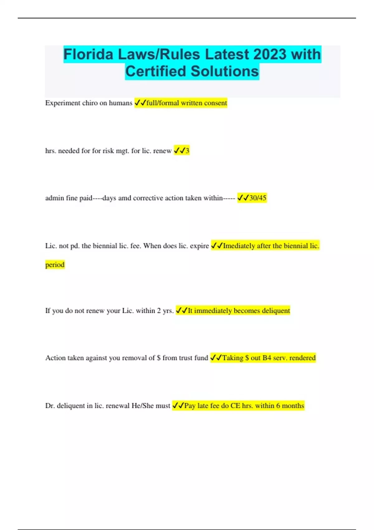 Florida Laws/Rules Latest 2023 with Certified Solutions - Florida Laws ...