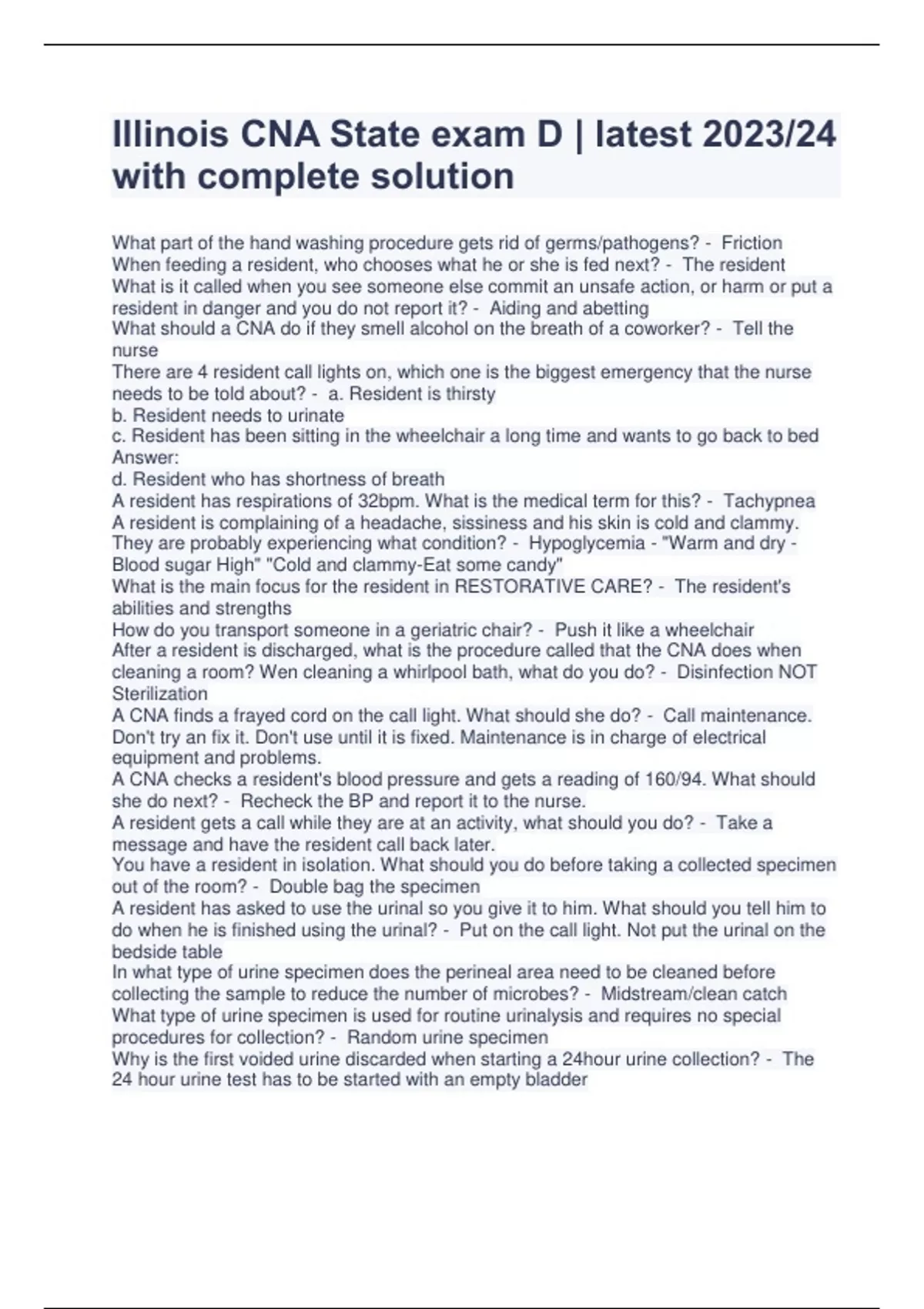 Illinois CNA State Exam D Latest 2023 24 With Complete Solution
