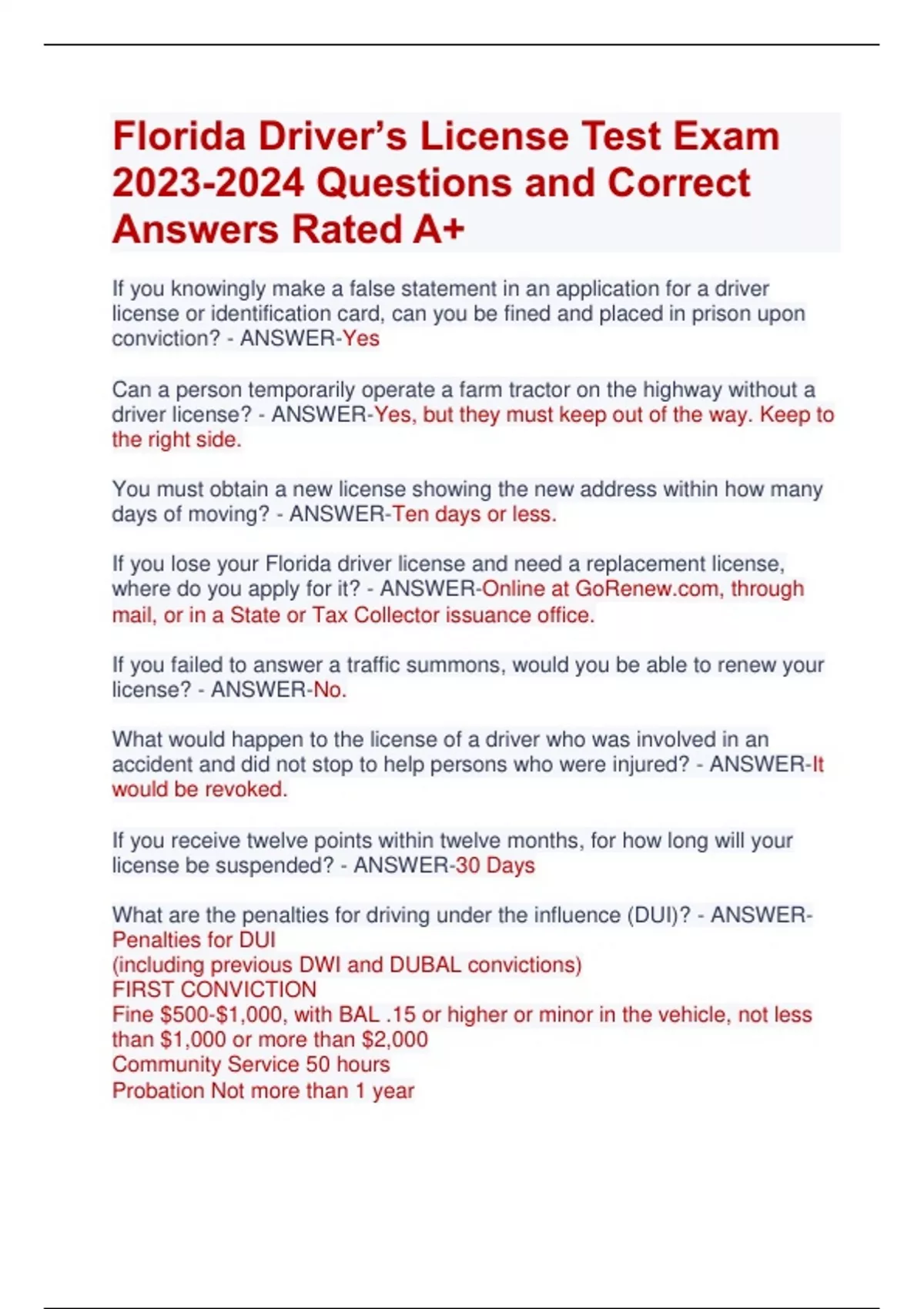 Florida Driver’s License Test Exam Questions and Correct Answers Rated ...