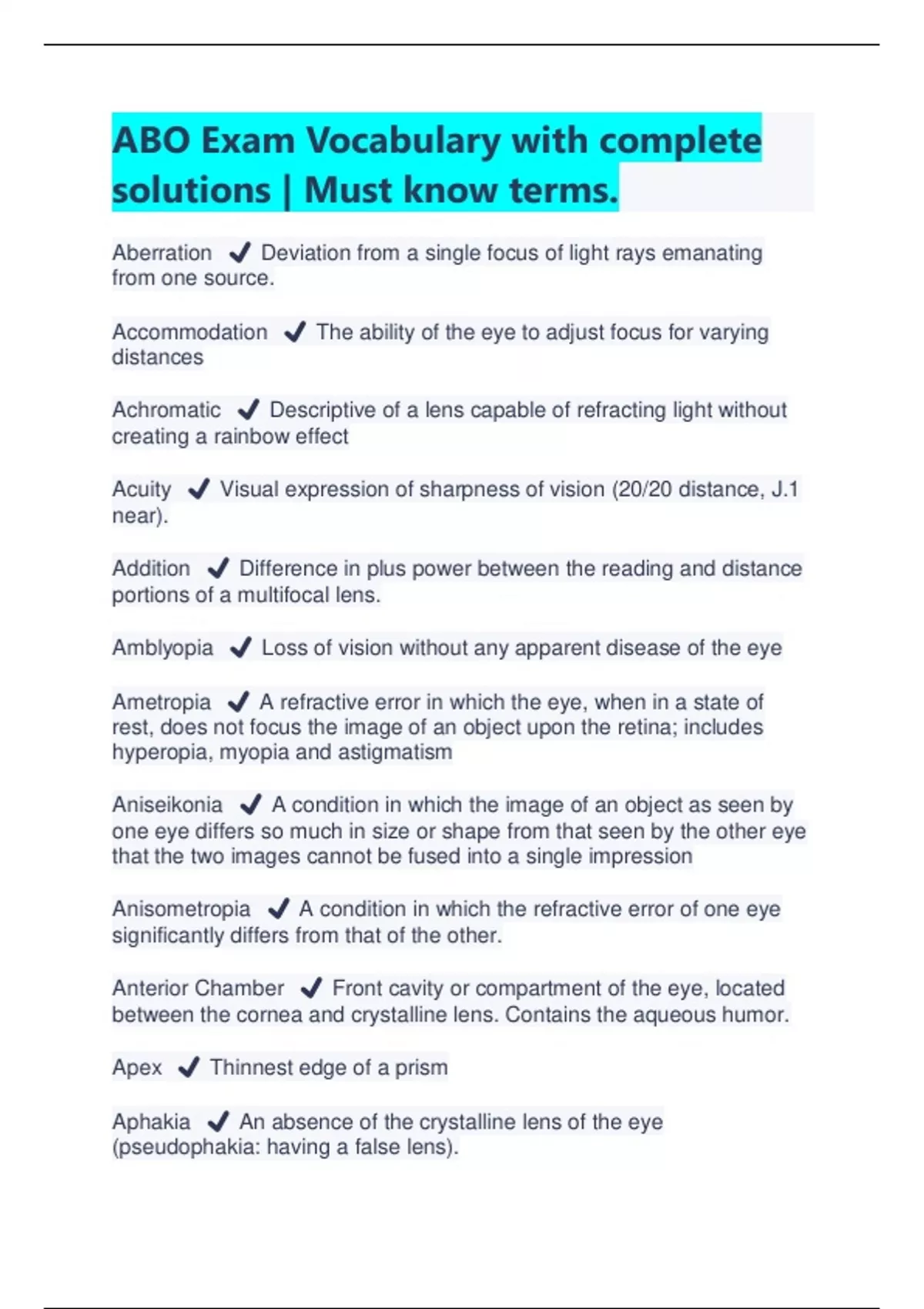 ABO Exam Vocabulary with complete solutions | Must know terms | Updated ...