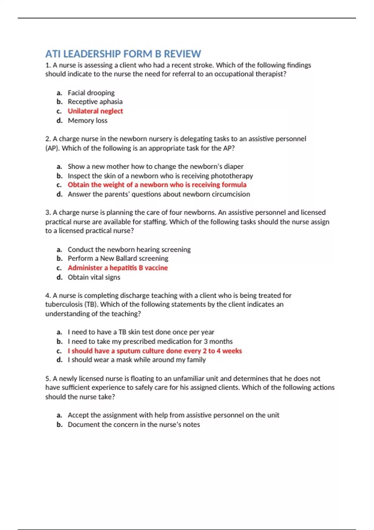 ATI LEADERSHIP FORM B REVIEW - ATI RN LEADERSHIP FORM B - Stuvia US