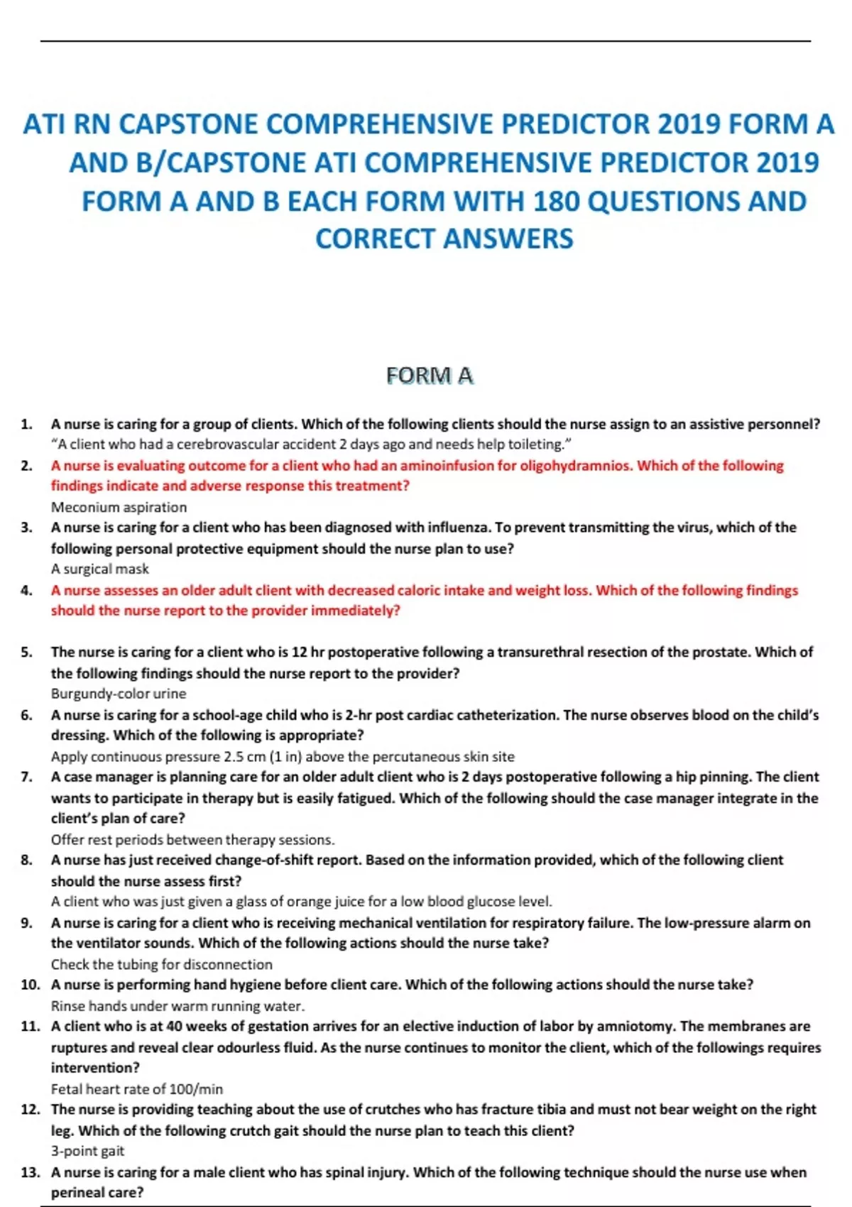 AND B/CAPSTONE ATI COMPREHENSIVE PREDICTOR 2023 FORM A AND B EACH FORM WITH 180 QUESTIONS AND ...