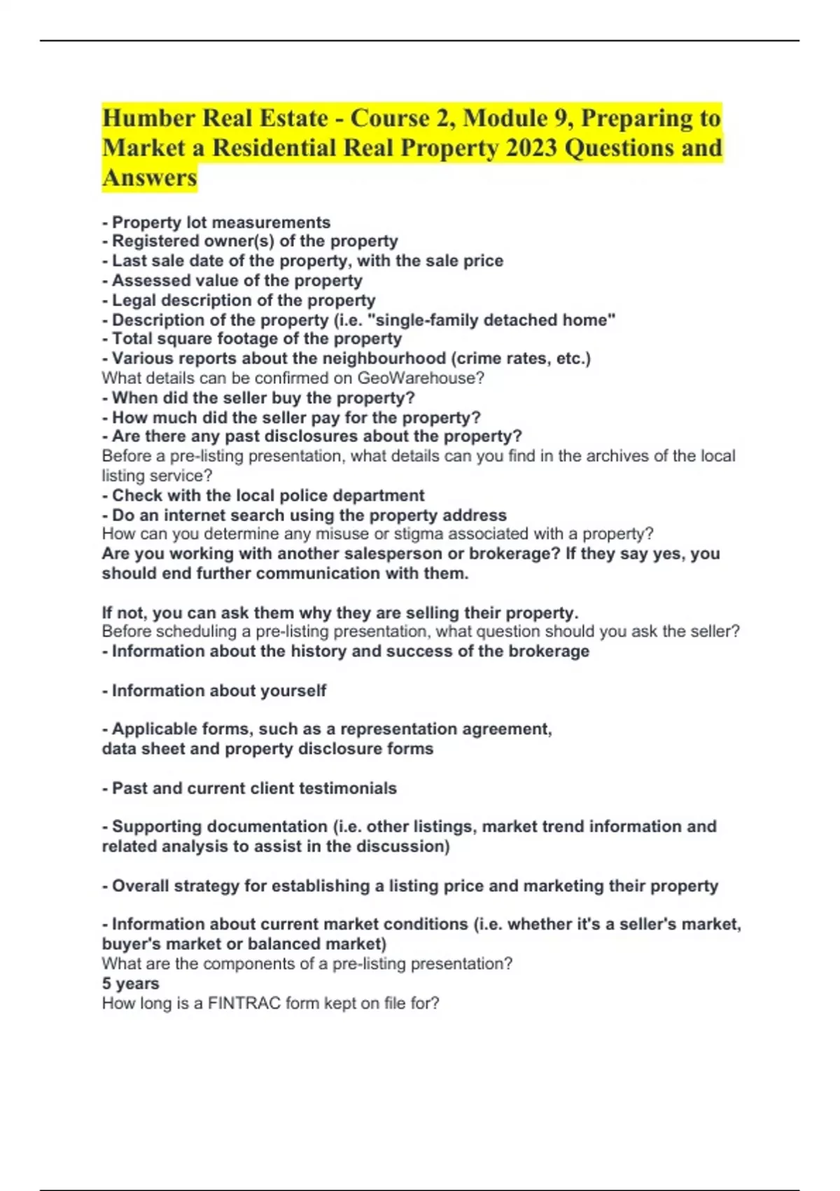 Humber Real Estate - Course 2, Module 9, Preparing to Market a ...