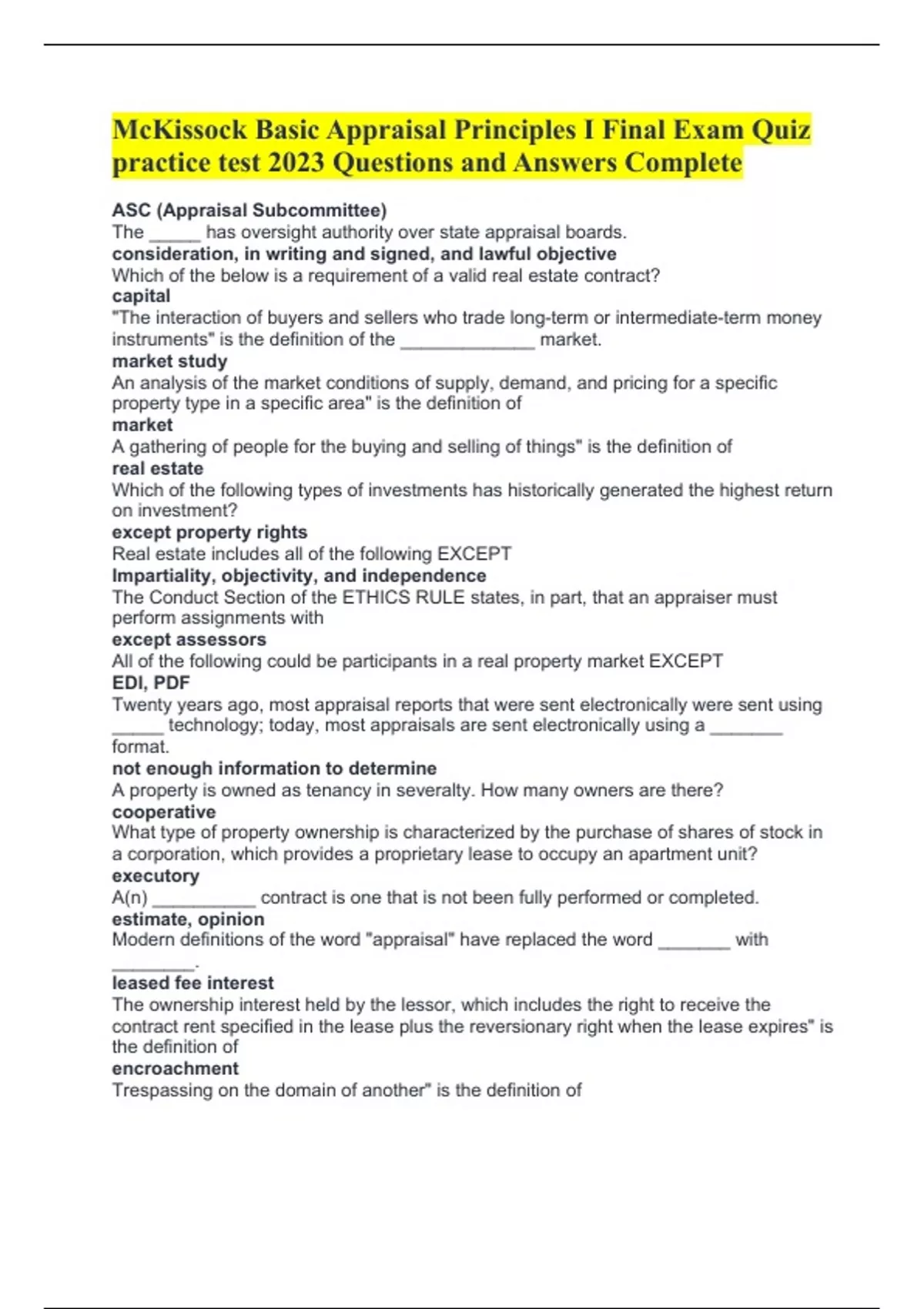 McKissock Basic Appraisal Principles I Final Exam Quiz practice test ...