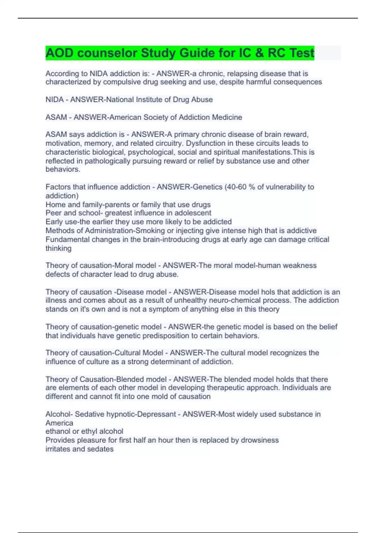 AOD counselor Study Guide for IC & RC Test - AOD - Stuvia US
