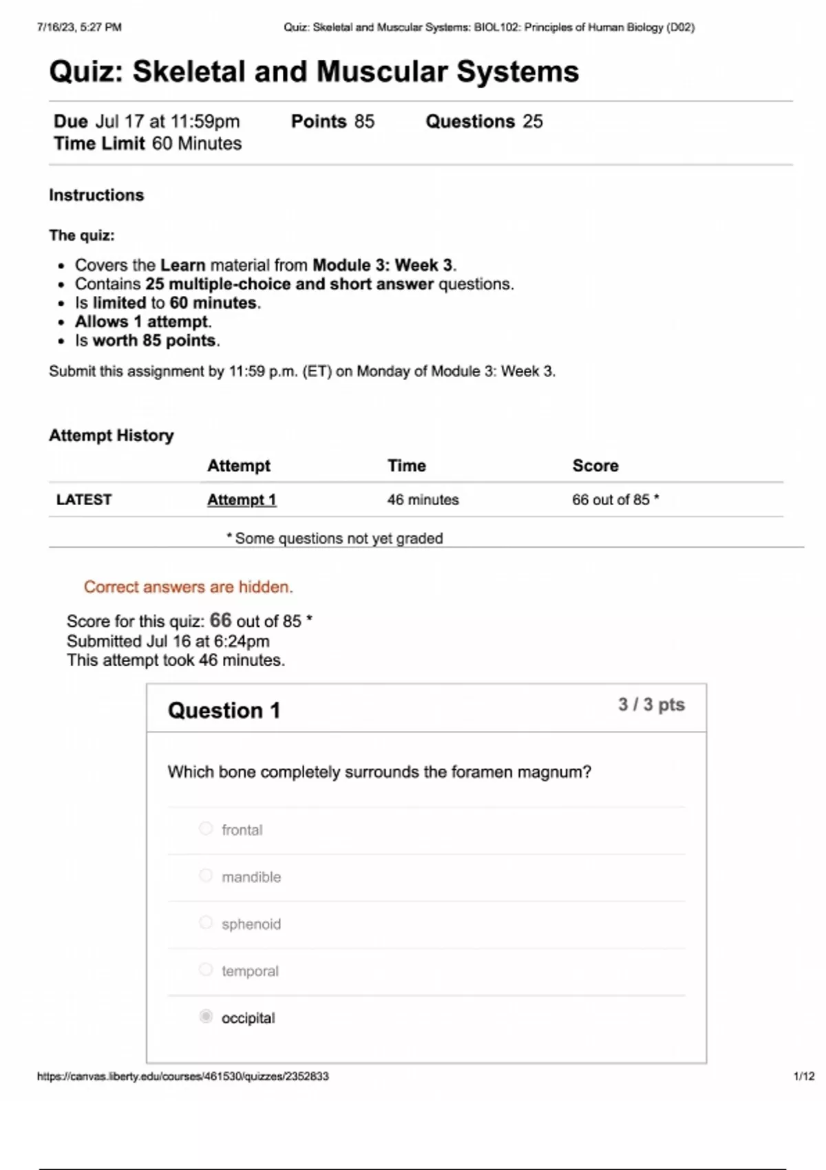 BIOL 102 Quiz Skeletal and Muscular System Answers 2023 - BIOL 102 ...