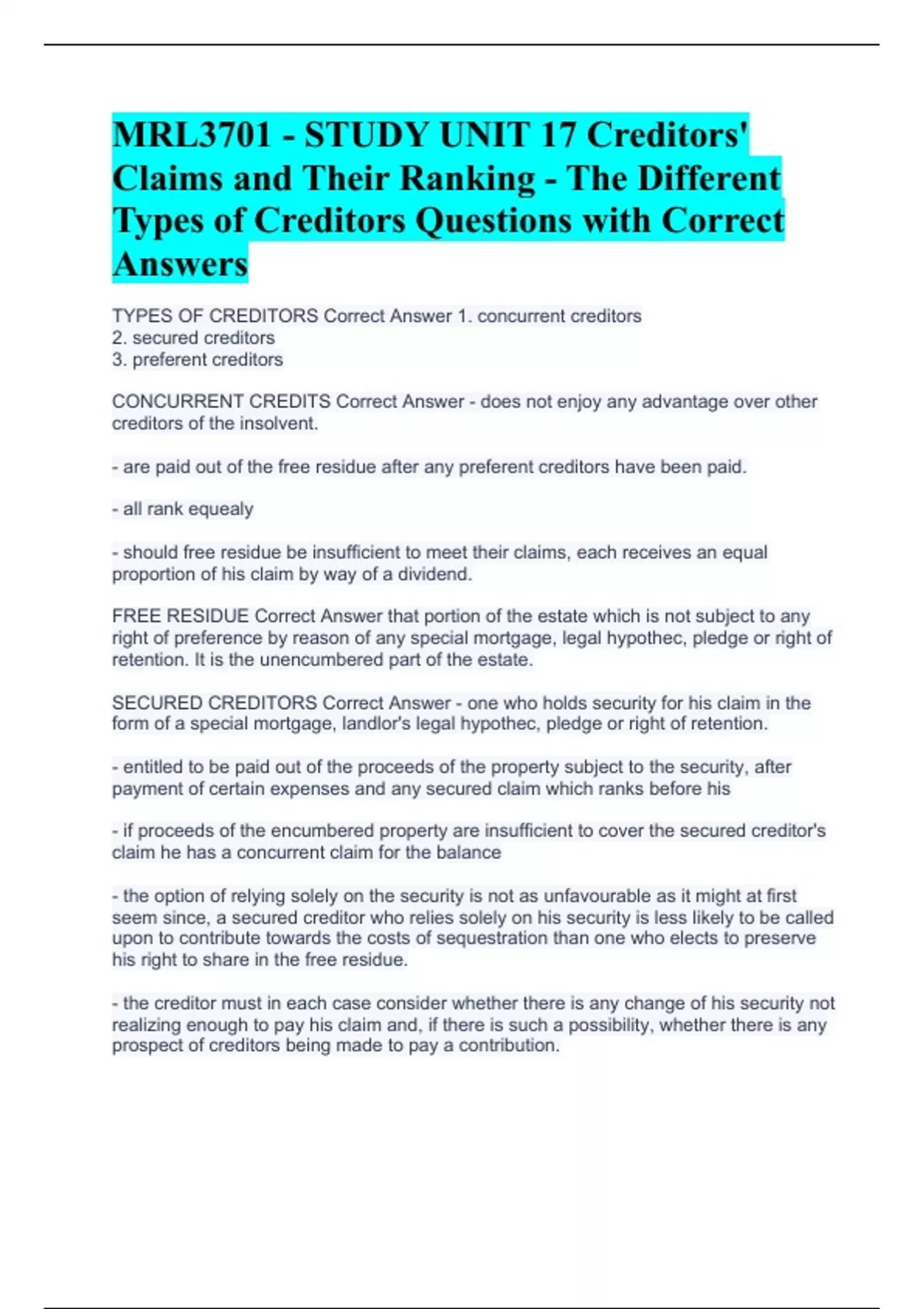 MRL3701 - STUDY UNIT 17 Creditors' Claims and Their Ranking - The ...