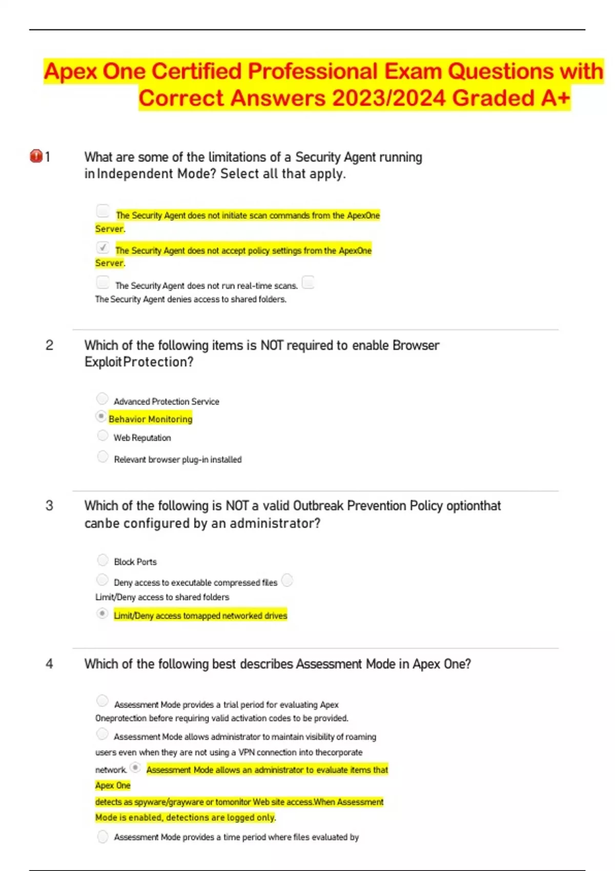Apex One Certified Professional Exam Questions with Correct Answers ...