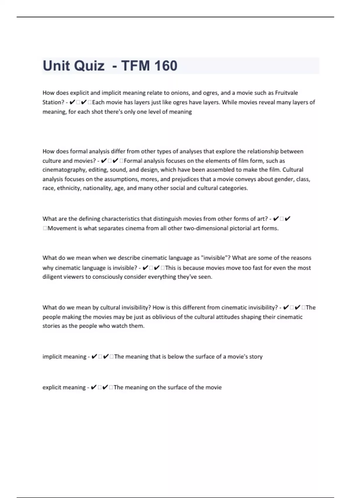 Unit Quiz - TFM 160 50 Questions with 100% Correct Answers | Updated ...