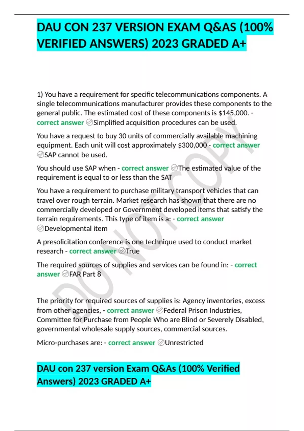 DAU CON 237 VERSION EXAM Q&AS (100% VERIFIED ANSWERS) 2023 GRADED A+ ...