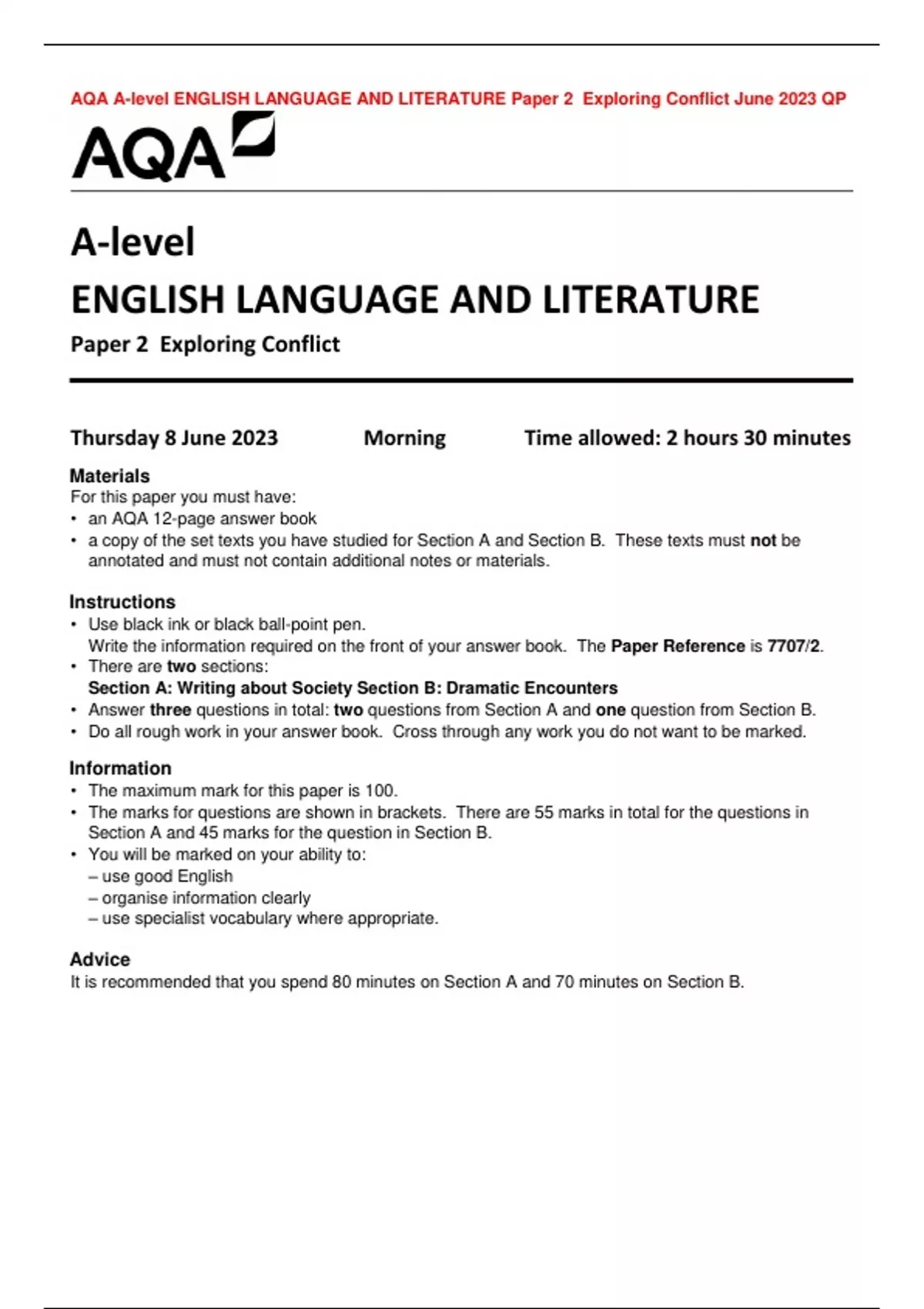 AQA A-level ENGLISH LANGUAGE AND LITERATURE Paper 2 Exploring Conflict ...