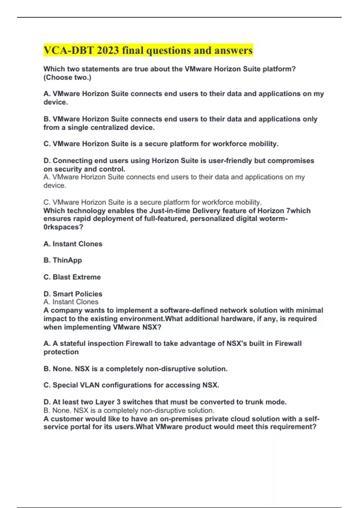 VCA-DBT 2023 final questions and answers - VMware Data Center Virtualization - Stuvia US