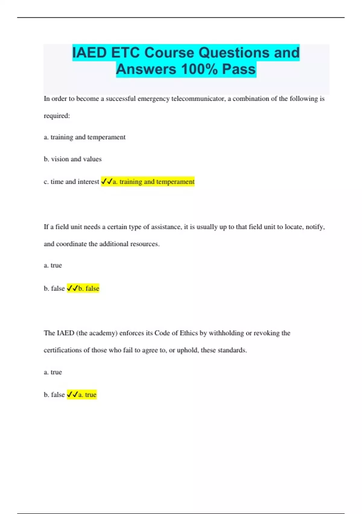 IAED ETC Course Questions and Answers 100% Pass - IAED ETC Course - Stuvia US