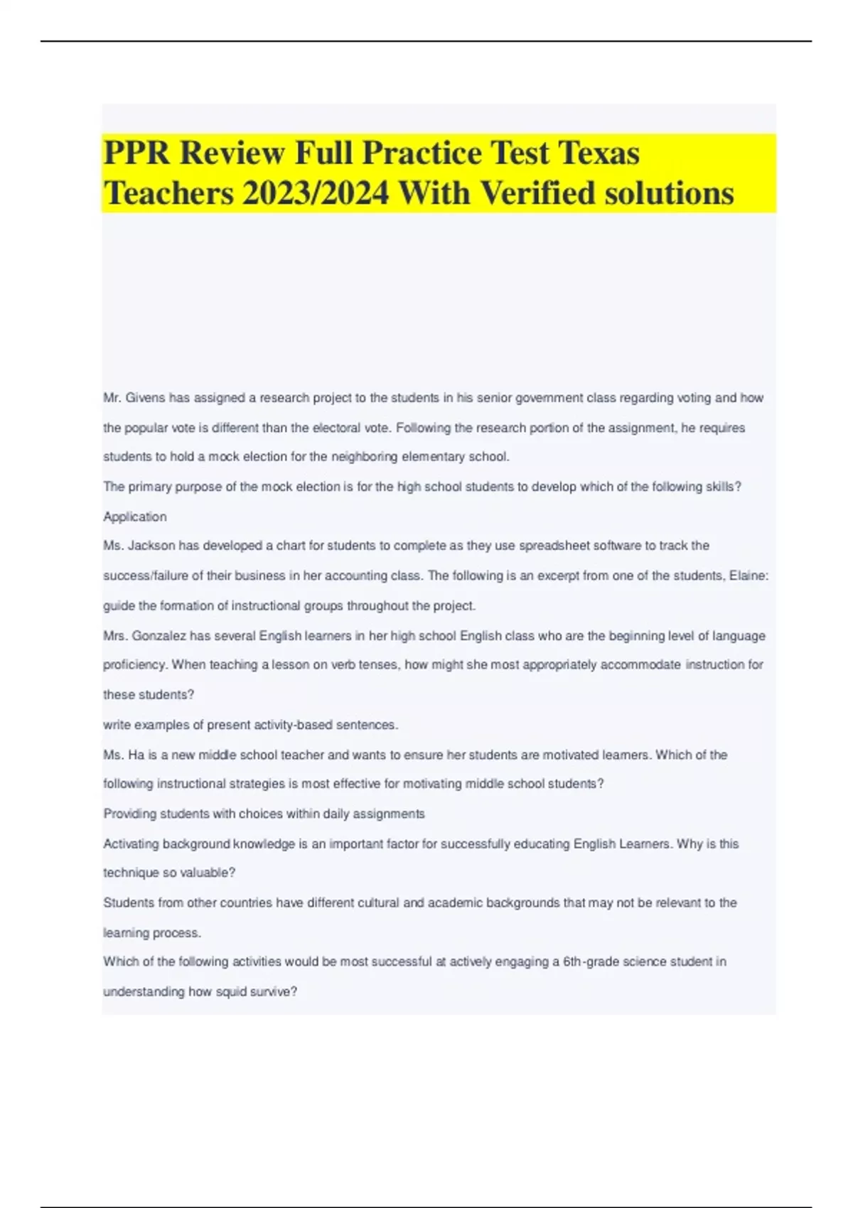 PPR Review Full Practice Test Texas Teachers 2023/2024 With Verified ...