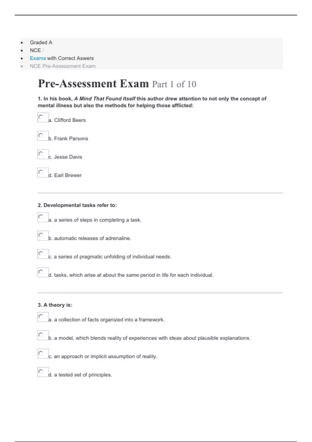 NCE Pre-Assessment Exam with correct Answers, - NCE PRE - Stuvia US