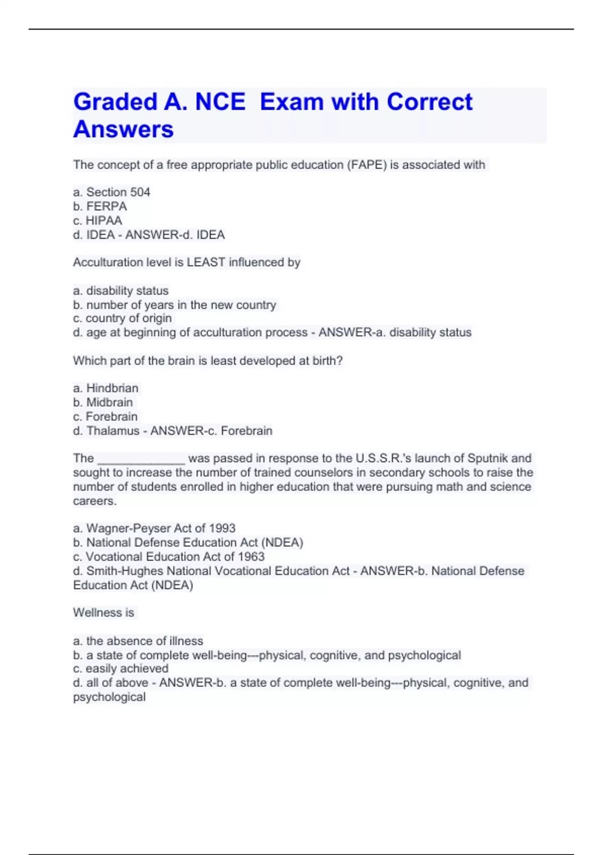 Graded A. NCE Exam with Correct Answers Exam - NCE exs - Stuvia US