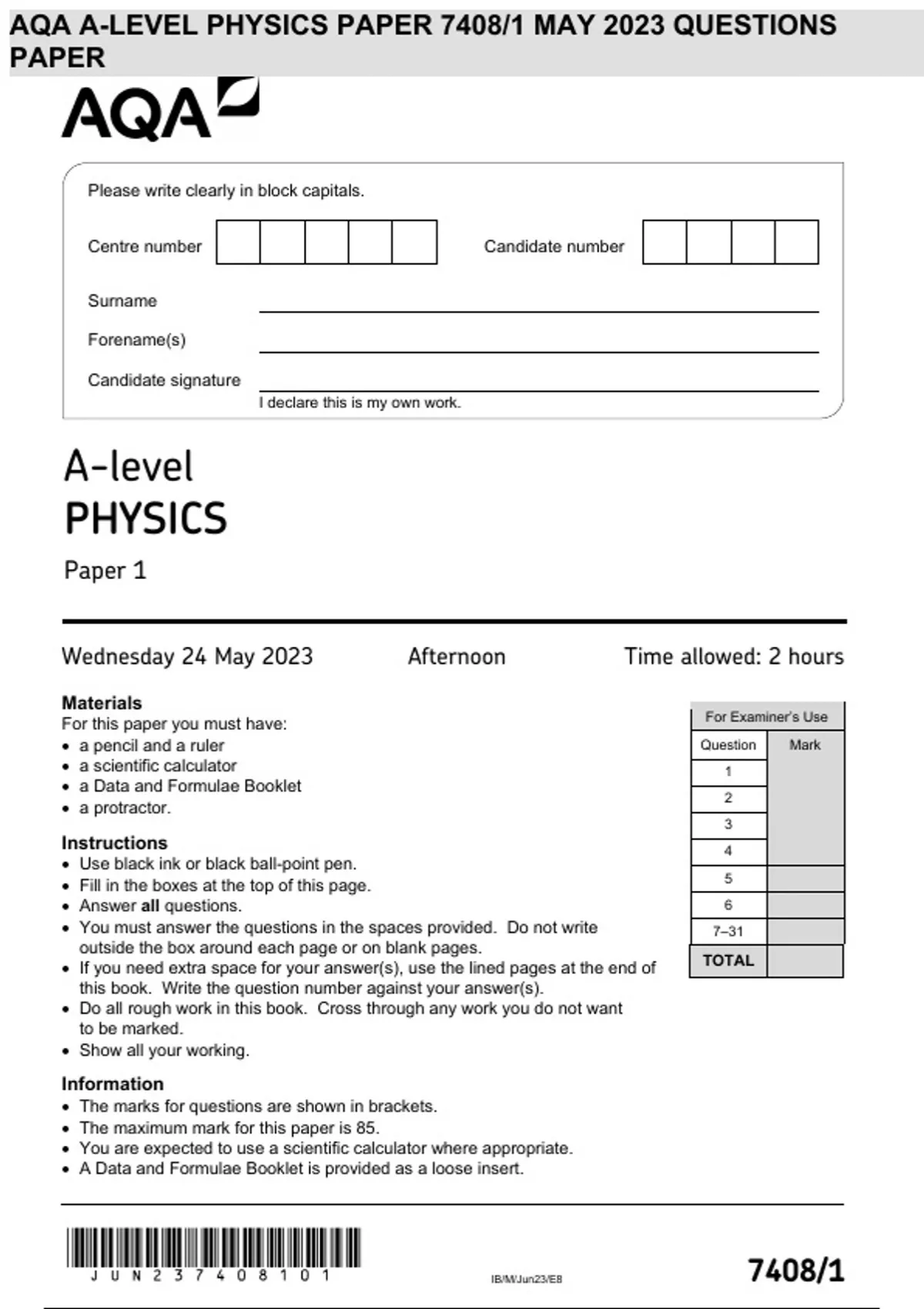 AQA A-LEVEL PHYSICS PAPER 1 7408/1 MAY 2023 QUESTIONS PAPER - AQA A ...