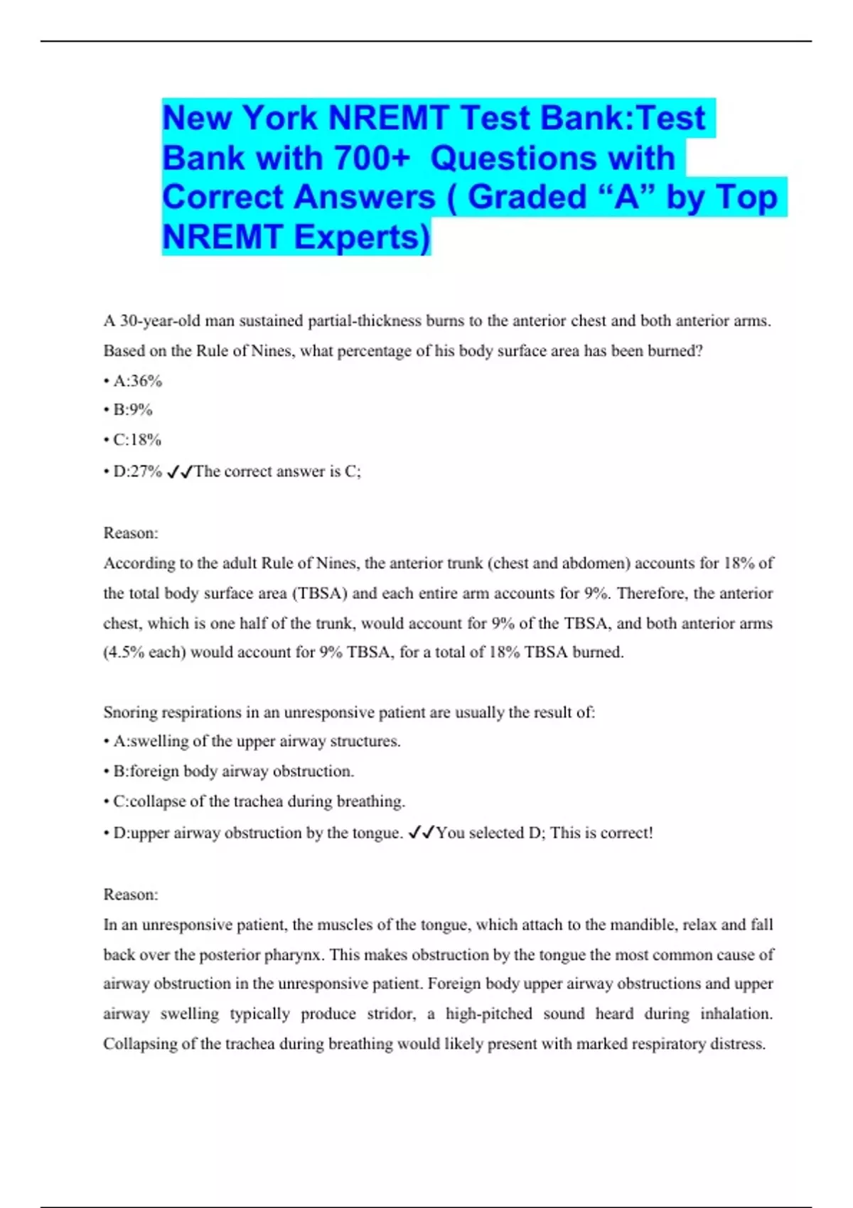 New York NREMT Test Bank:Test Bank with 700+ Questions with Correct ...