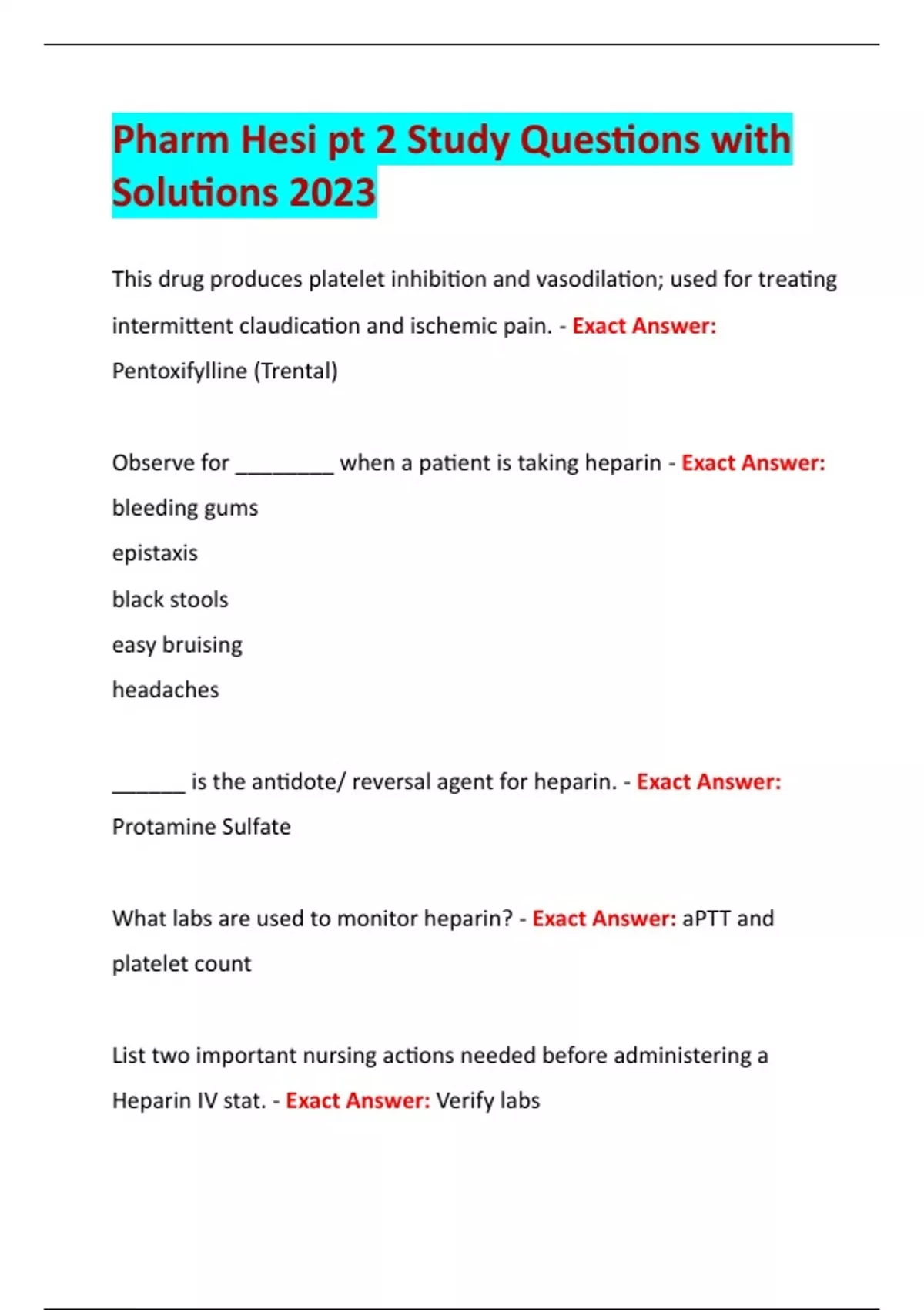 Pharm Hesi pt 2 Study Questions with Solutions 2023 - Pharm Hesi pt 2 Stulutions 202 - Stuvia US