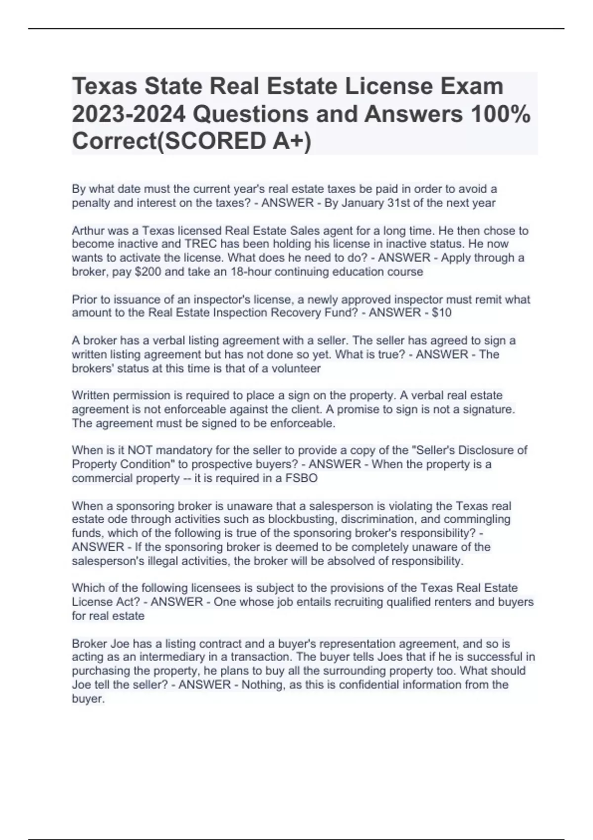 Texas State Real Estate License Exam Questions and Answers 100% Correct ...