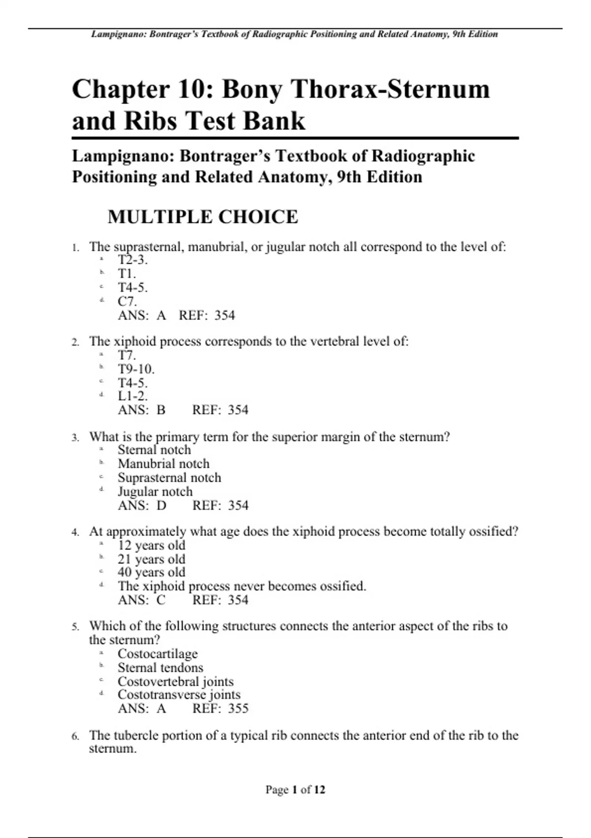 Chapter 10: Bony Thorax-Sternum and Ribs Lampignano: Bontrager’s ...
