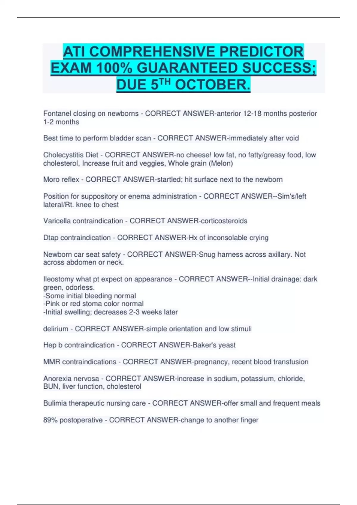 ATI COMPREHENSIVE PREDICTOR EXAM 100% GUARANTEED SUCCESS; DUE 5TH ...