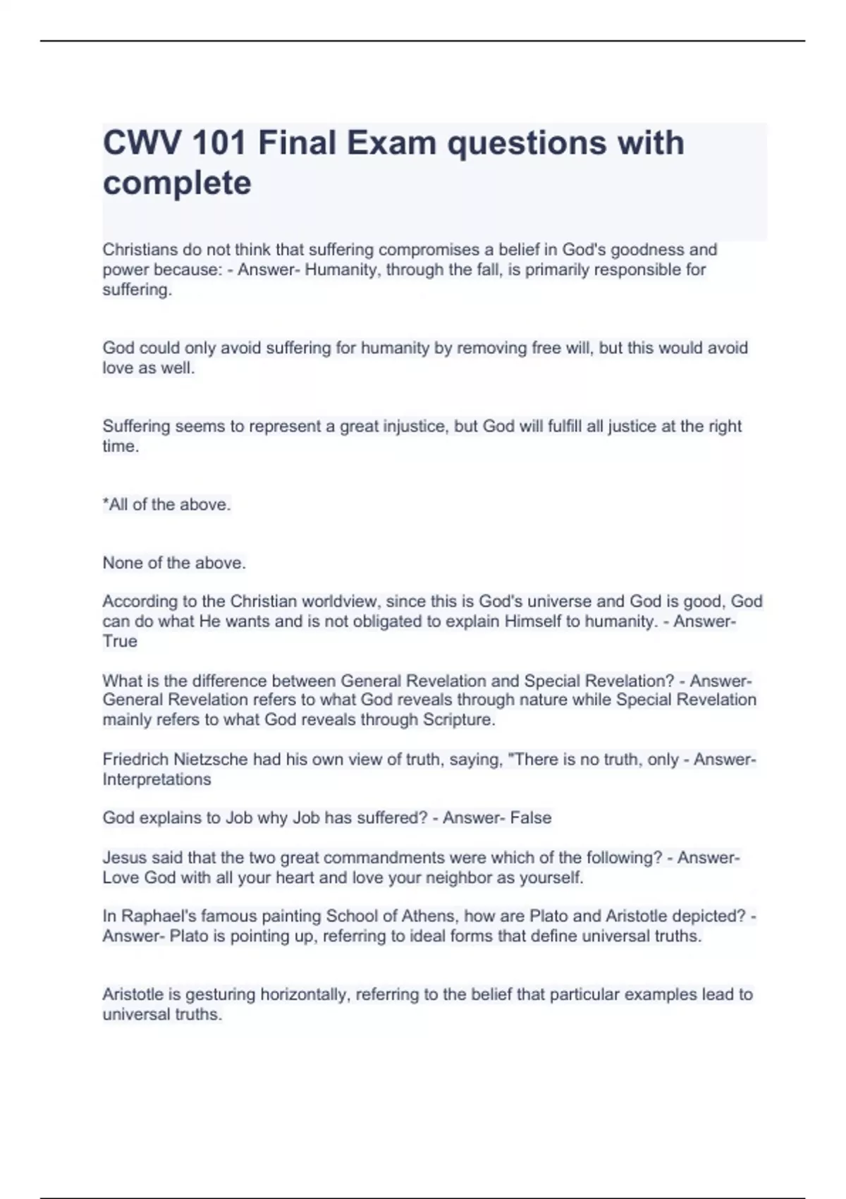 CWV 101 Final Exam questions with complete - CWV 101 - Stuvia US